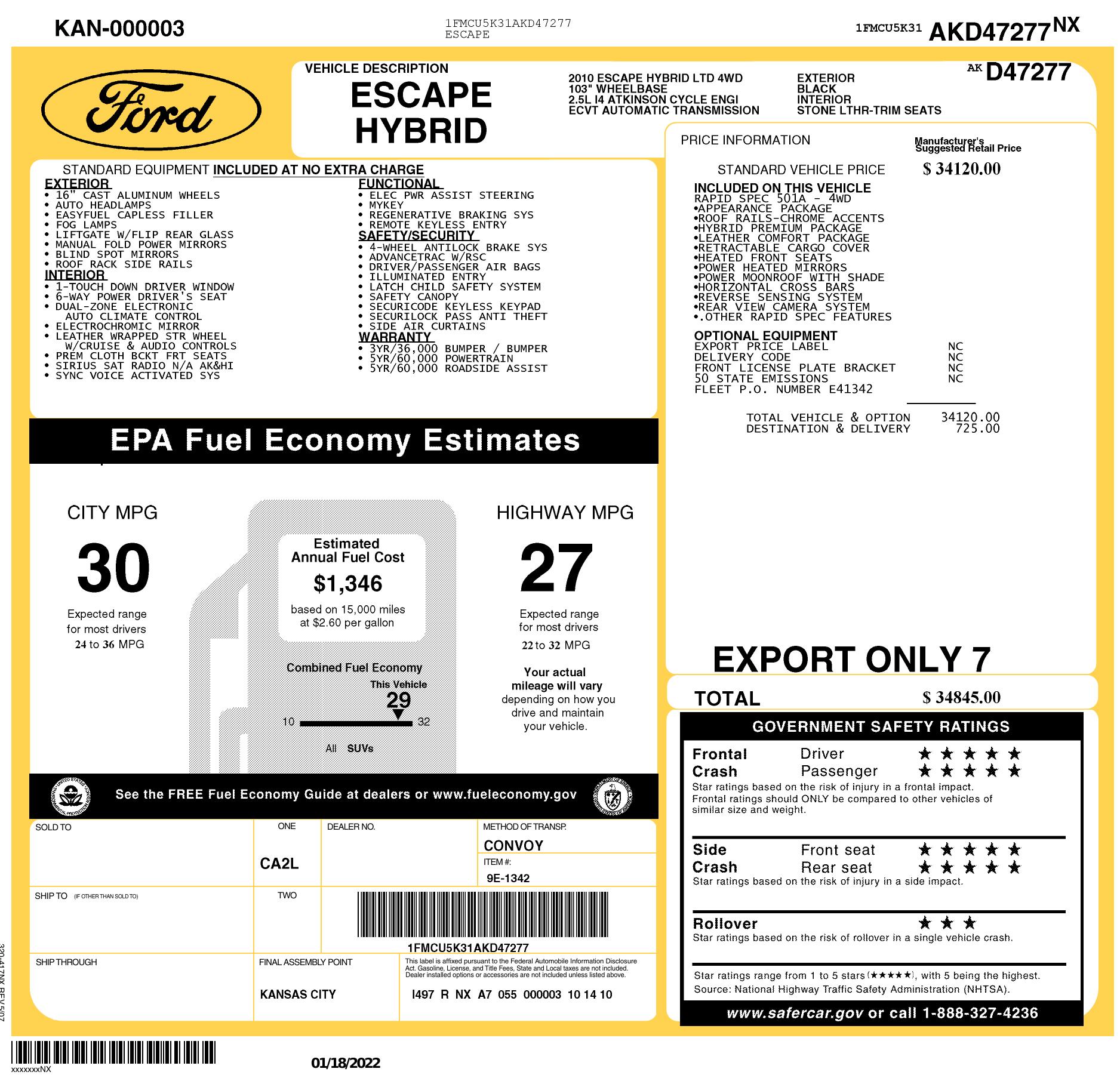 Window Sticker for 2010 Ford Escape 4 Wd 4dr Hybrid