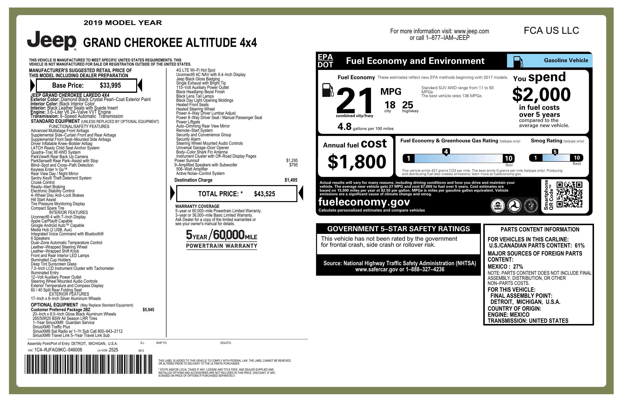 Window Sticker for 2019 Jeep Grand Cherokee Altitude