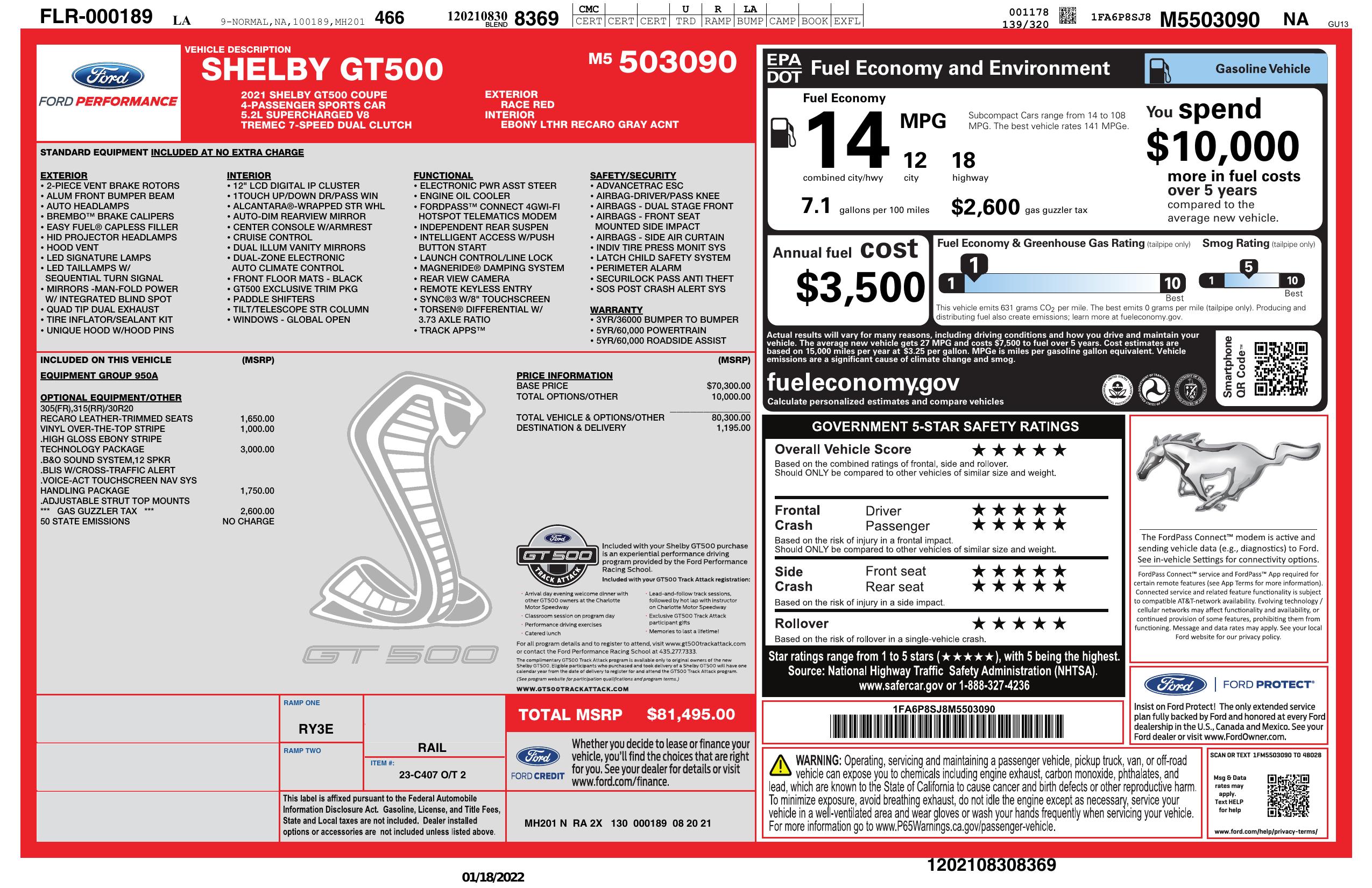 Window Sticker for 2021 Ford Mustang Shelby Gt500 Fastback