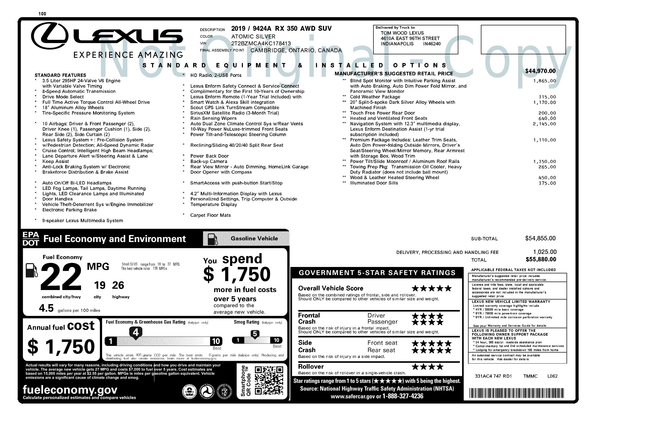Window Sticker for 2019 Lexus Rx Rx 350 Awd