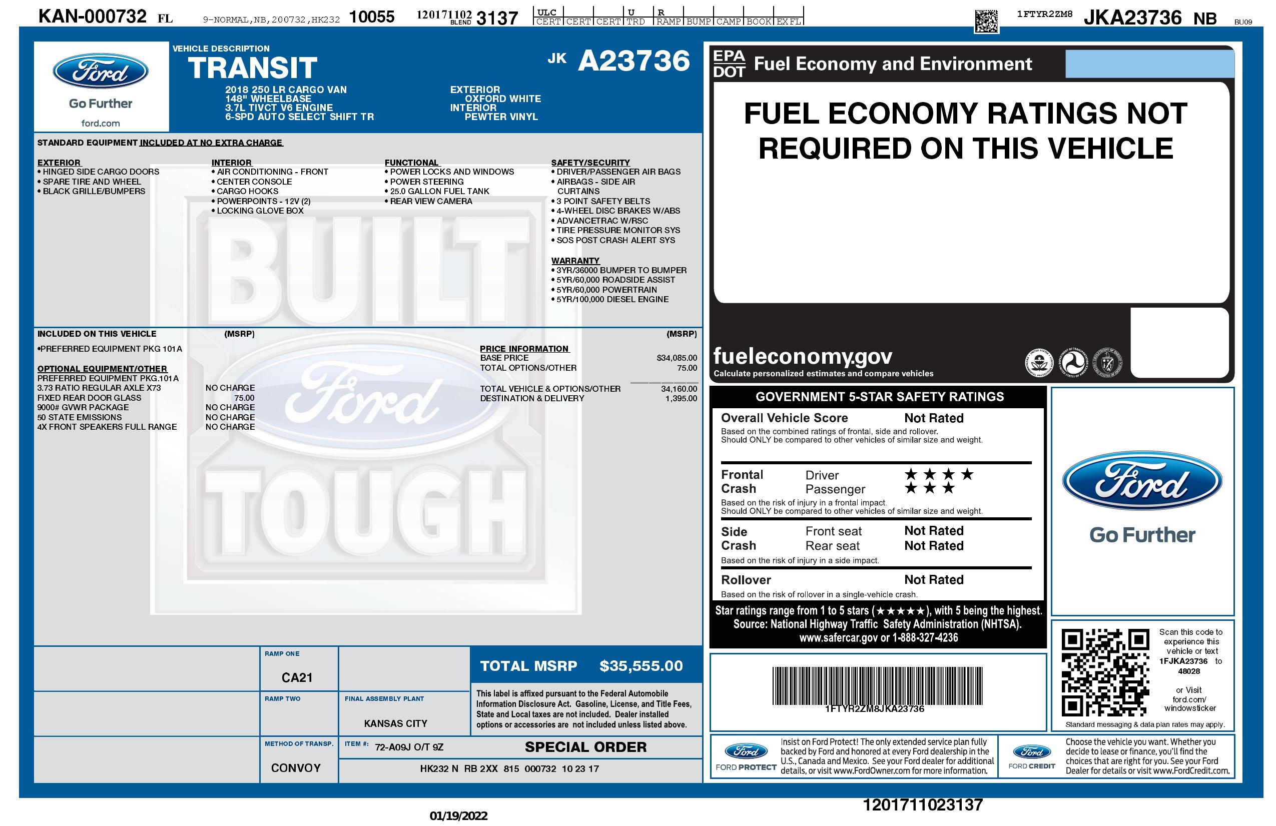 Window Sticker for 2018 Ford Transit Van T 250 148" Low Rf 9000 Gvwr ...