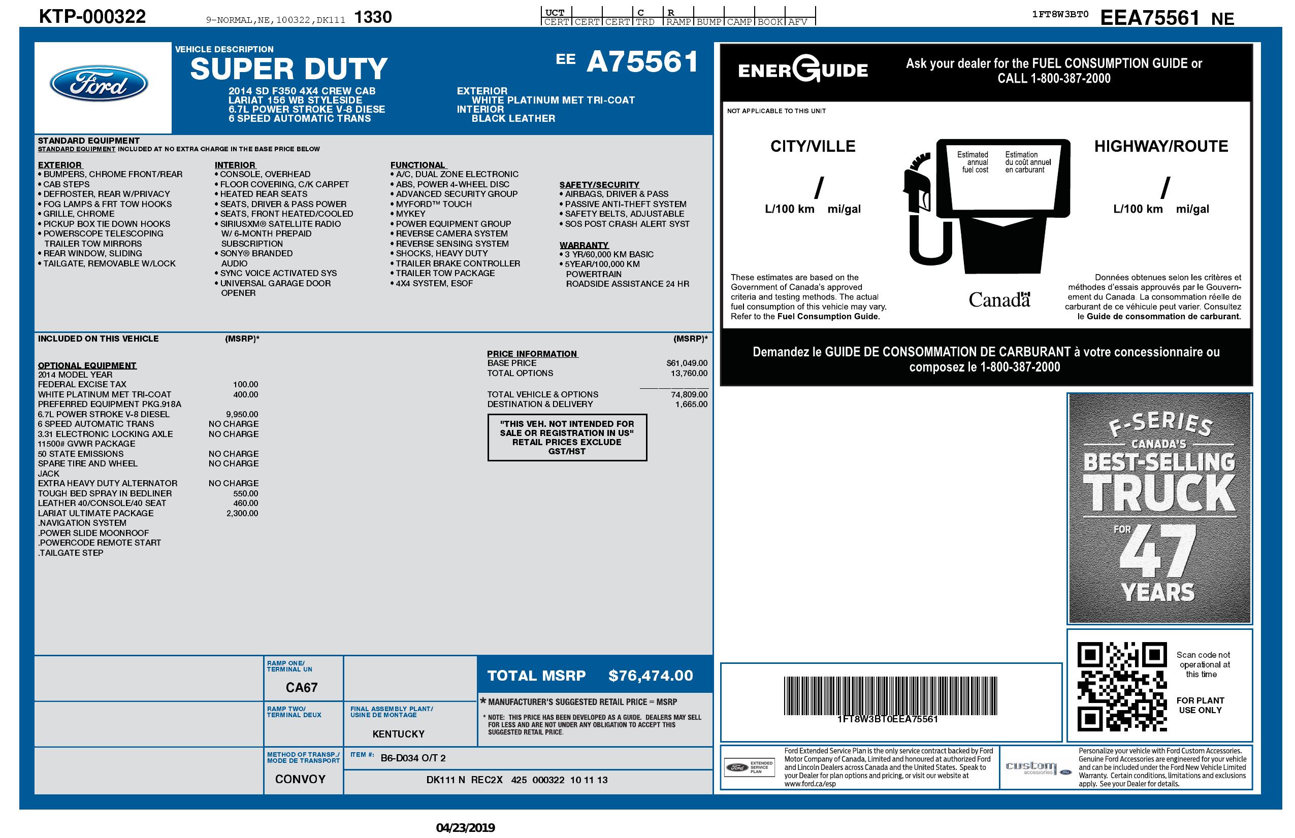 Window Sticker for 2014 Ford Super Duty F 350 Srw