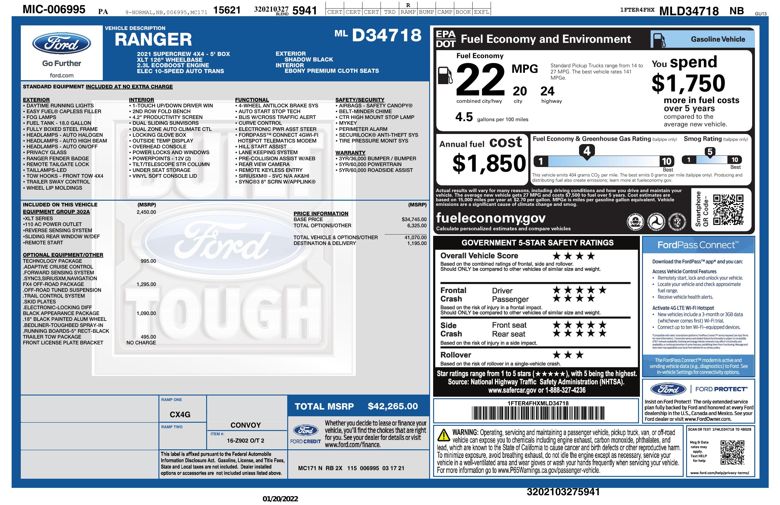 Window Sticker for 2021 Ford Ranger 4 Wd Super Crew 5' Box