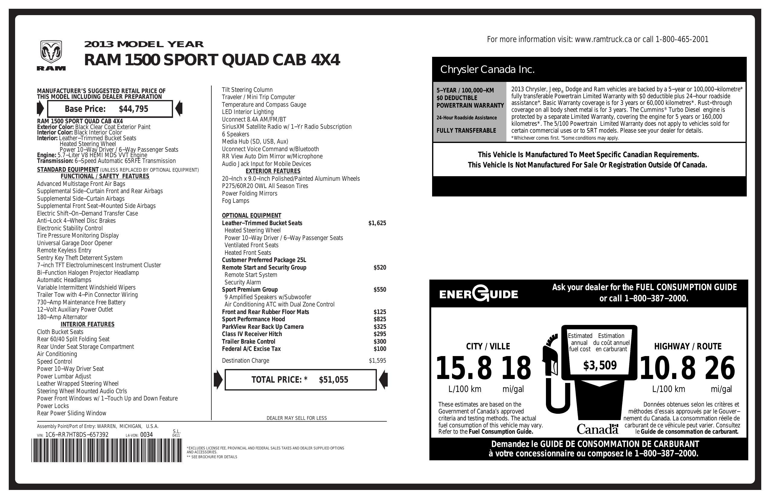Window Sticker for 2013 Ram 1500 4 Wd Quad Cab 140.5" Sport