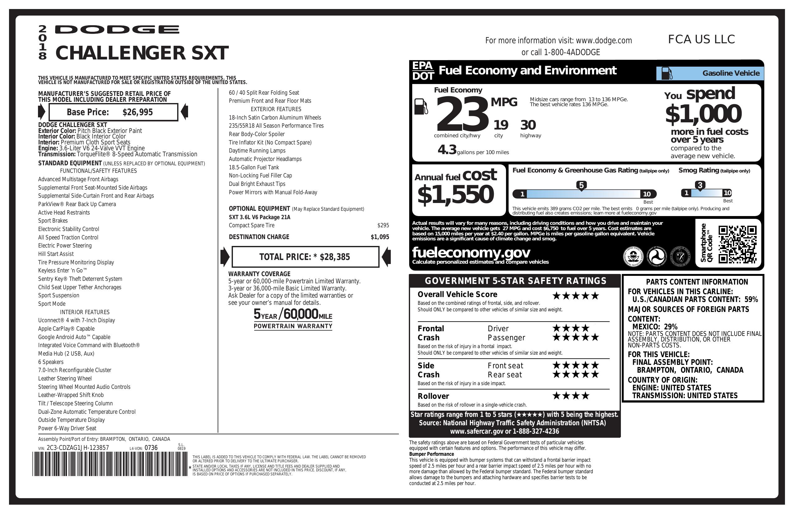 Window Sticker for 2018 Dodge Challenger Sxt