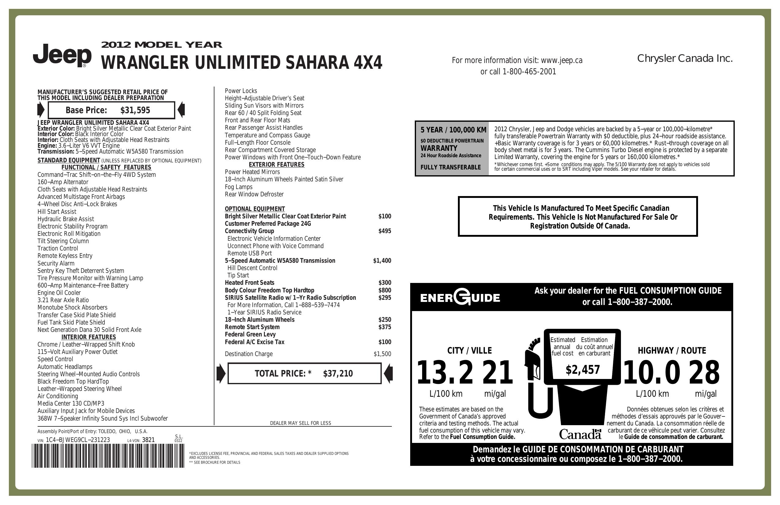 Window Sticker for 2012 Jeep Wrangler Unlimited 4 Wd 4dr