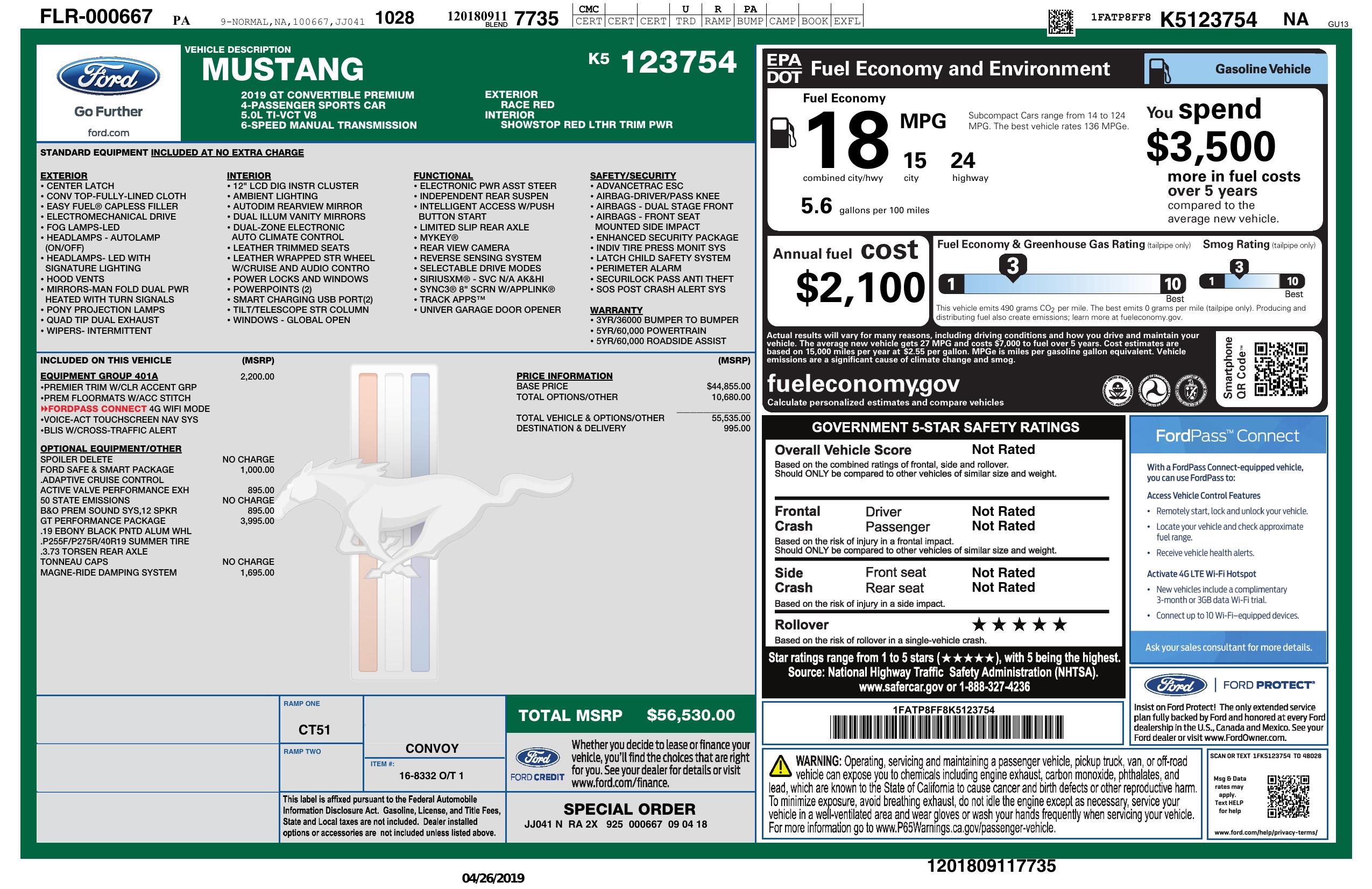 Window Sticker for 2019 Ford Mustang Gt Premium Convertible