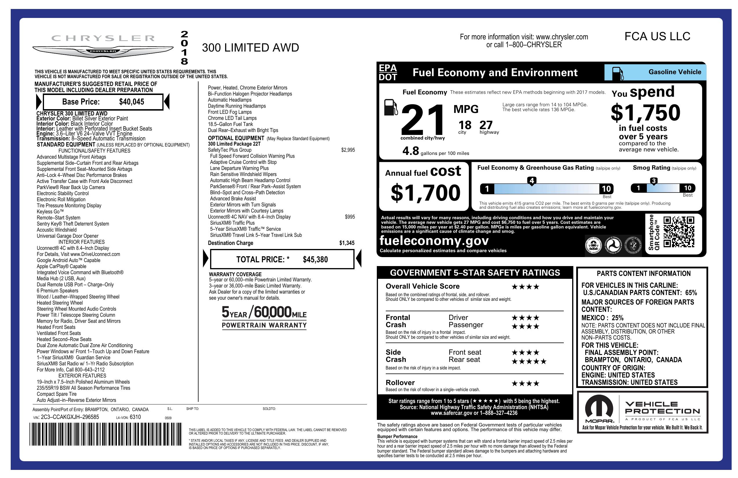 Window Sticker for 2018 Chrysler 300 Limited