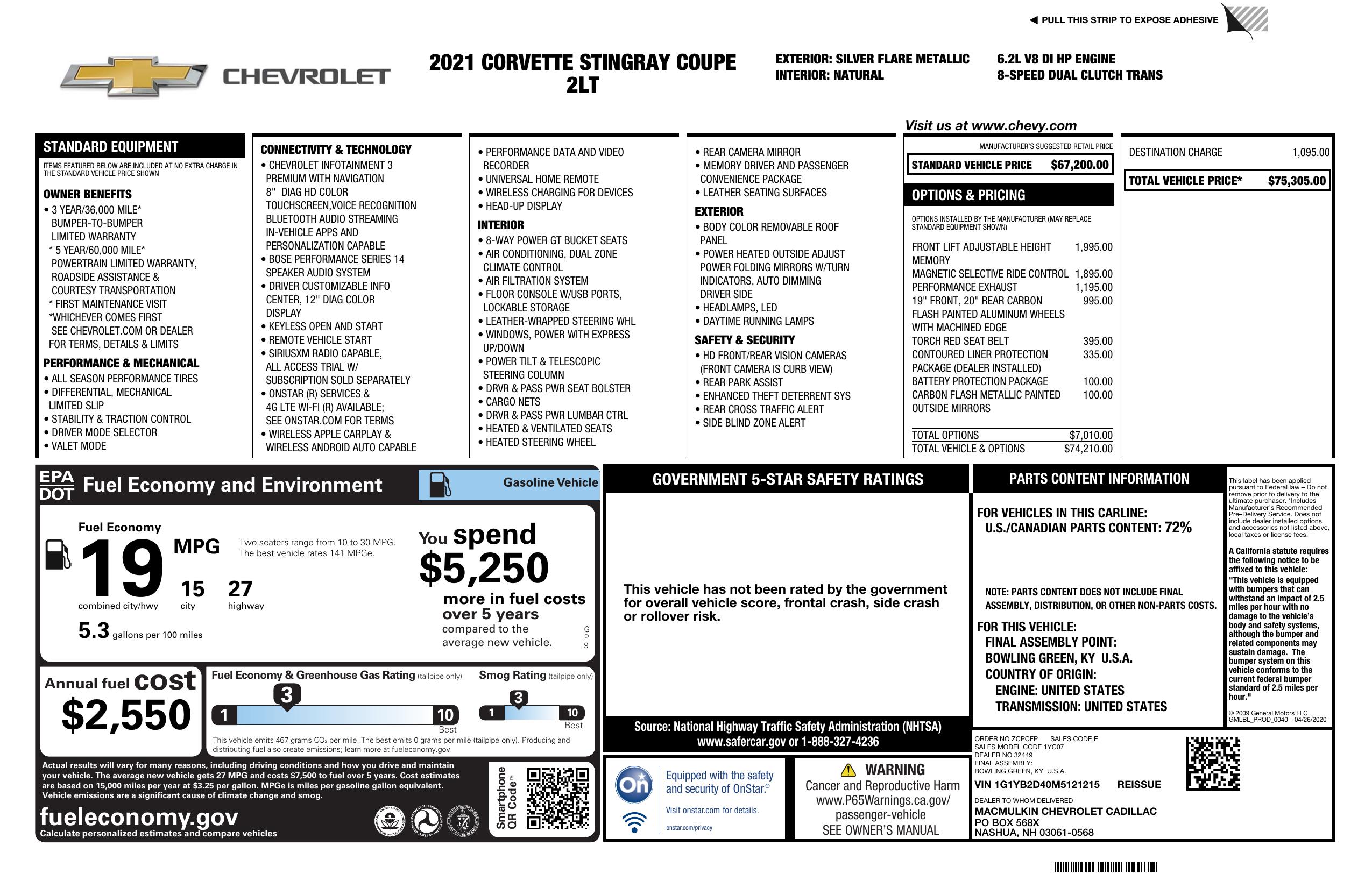 Window Sticker for 2021 Chevrolet Corvette 2dr Stingray Cpe W/2 Lt