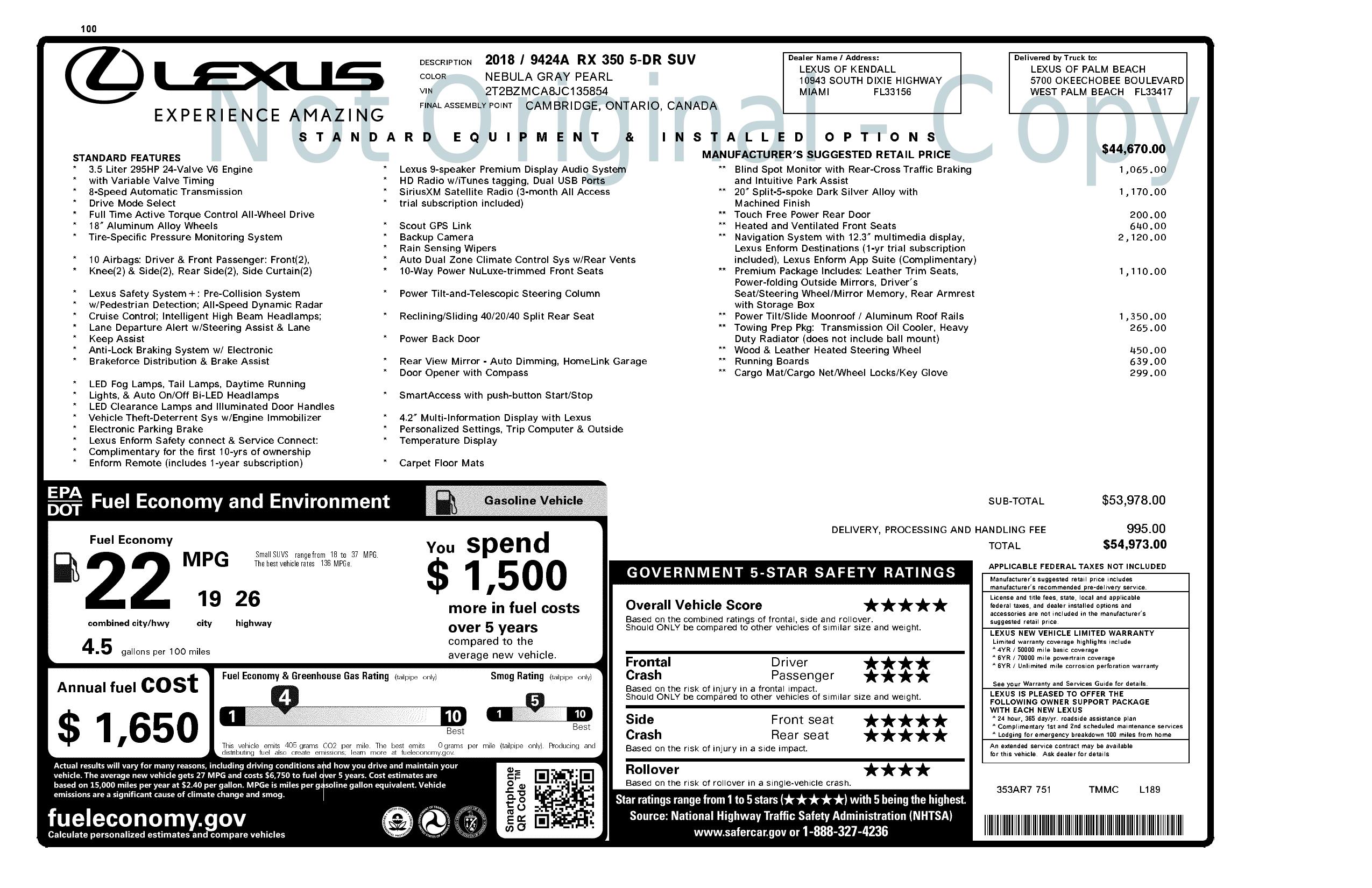 Window Sticker for 2018 Lexus Rx Rx 350 Awd