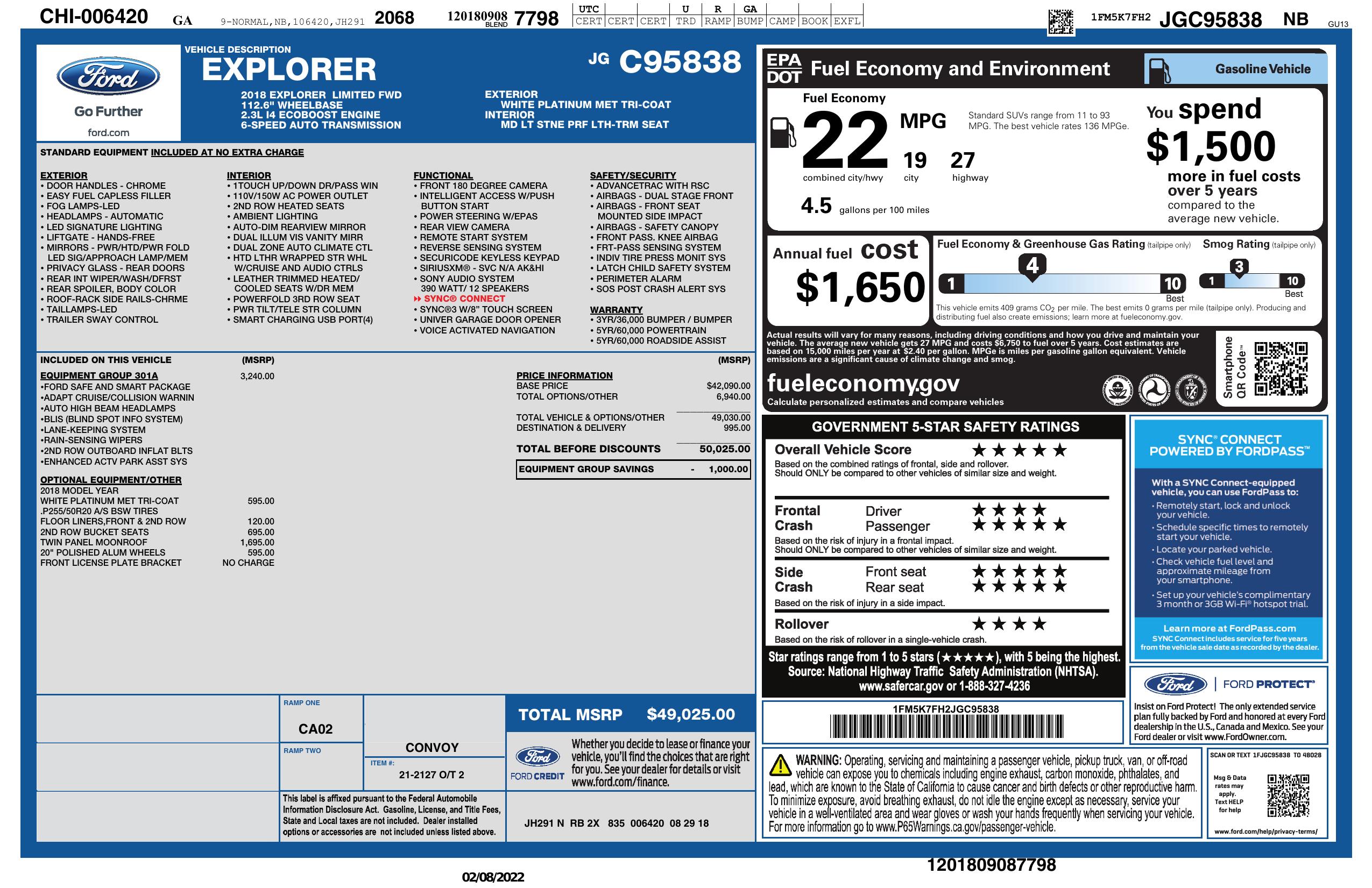 Window Sticker for 2018 Ford Explorer Limited Fwd
