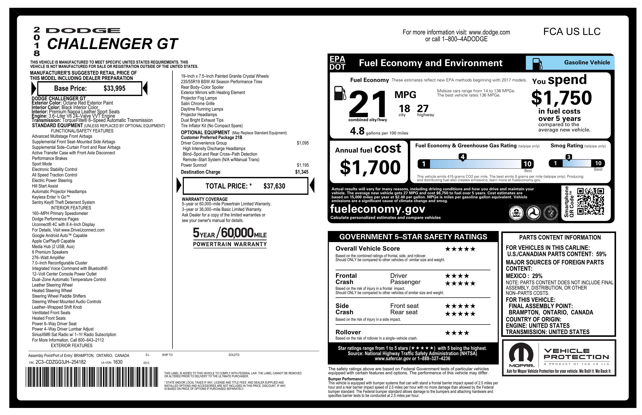 Window Sticker for 2018 Dodge Challenger Gt Awd
