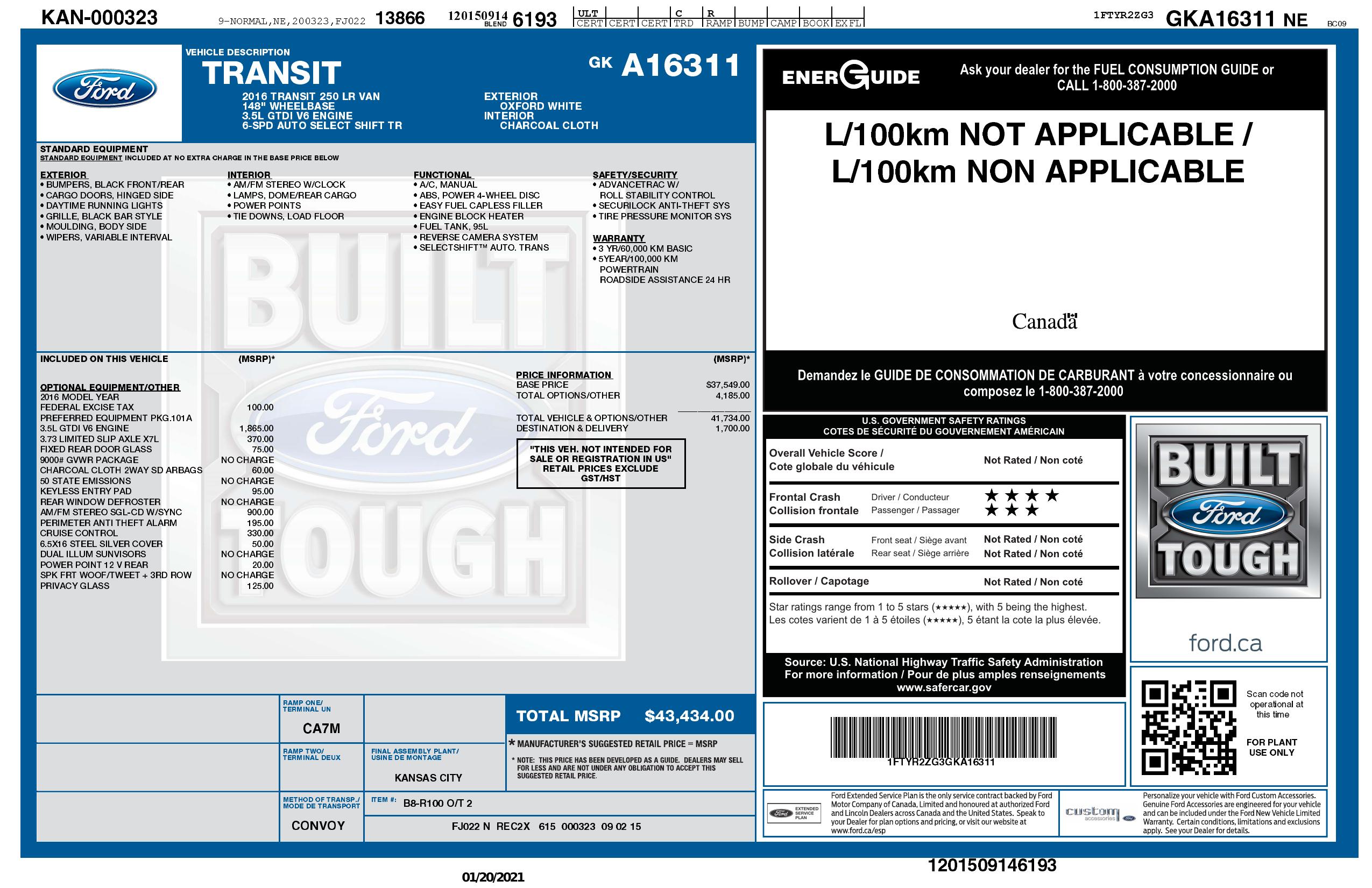 Window Sticker for 2016 Ford Transit Cargo Van Base