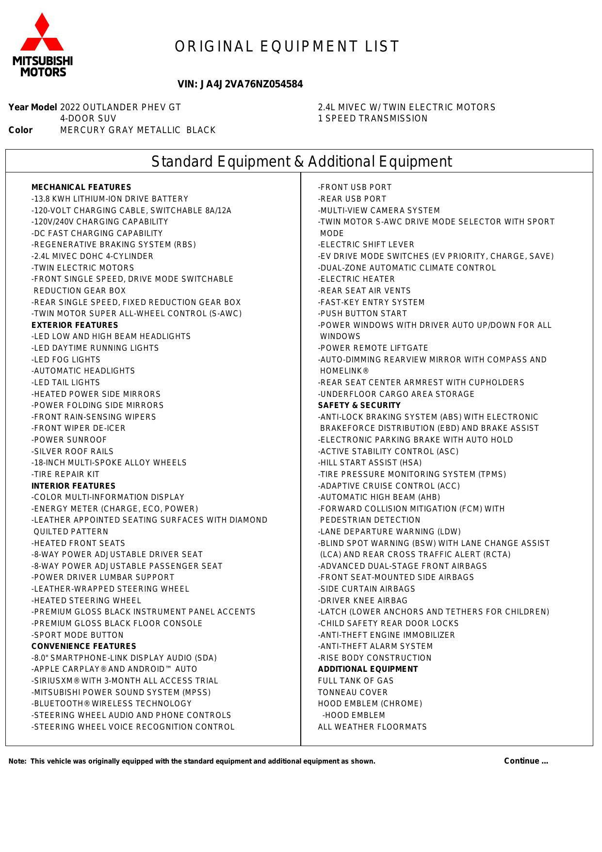 Window Sticker for 2022 Mitsubishi Outlander Phev S Awc