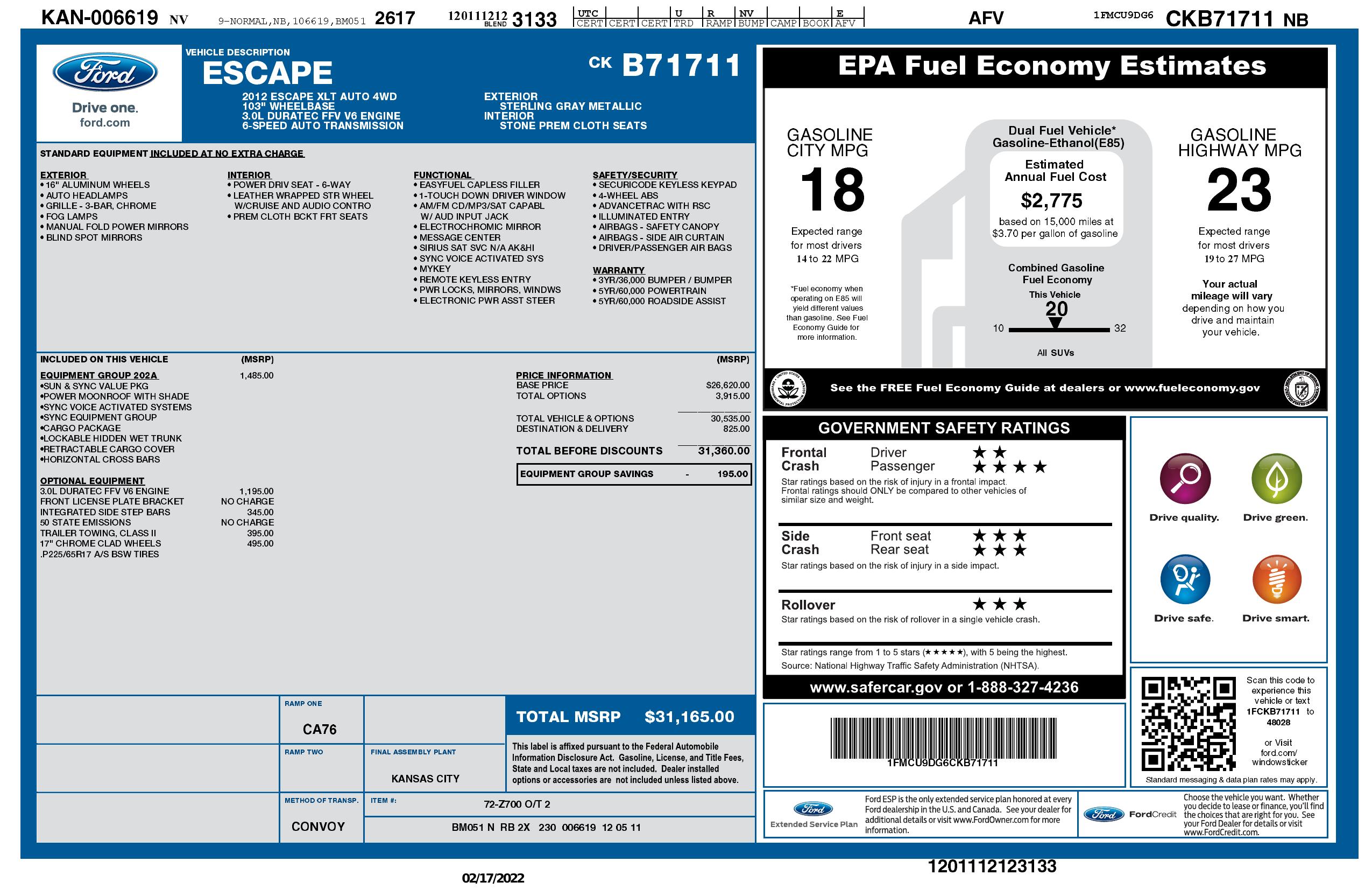 Window Sticker for 2012 Ford Escape 4 Wd 4dr Xlt