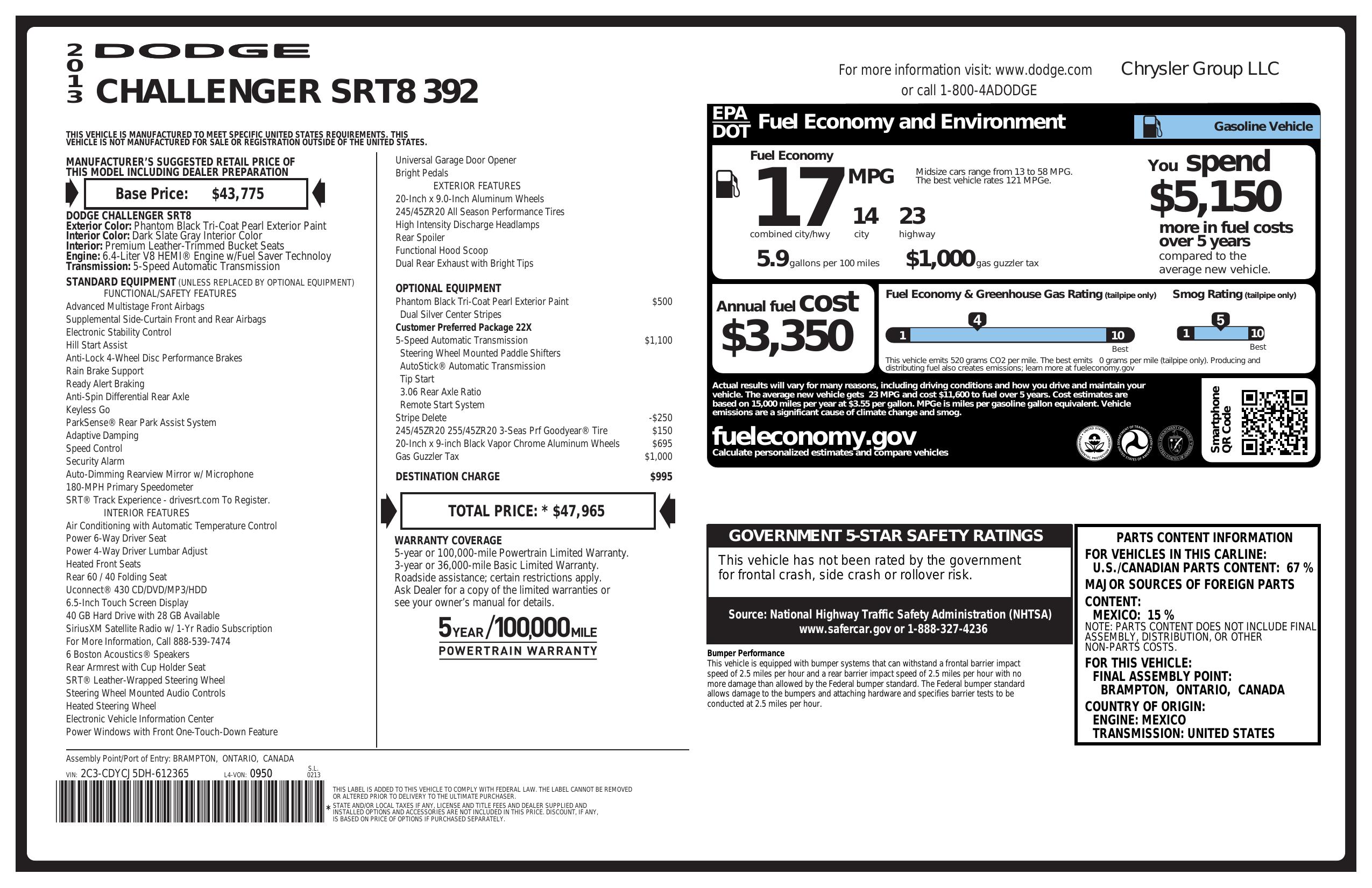Window Sticker for 2013 Dodge Challenger 2dr Cpe Srt8