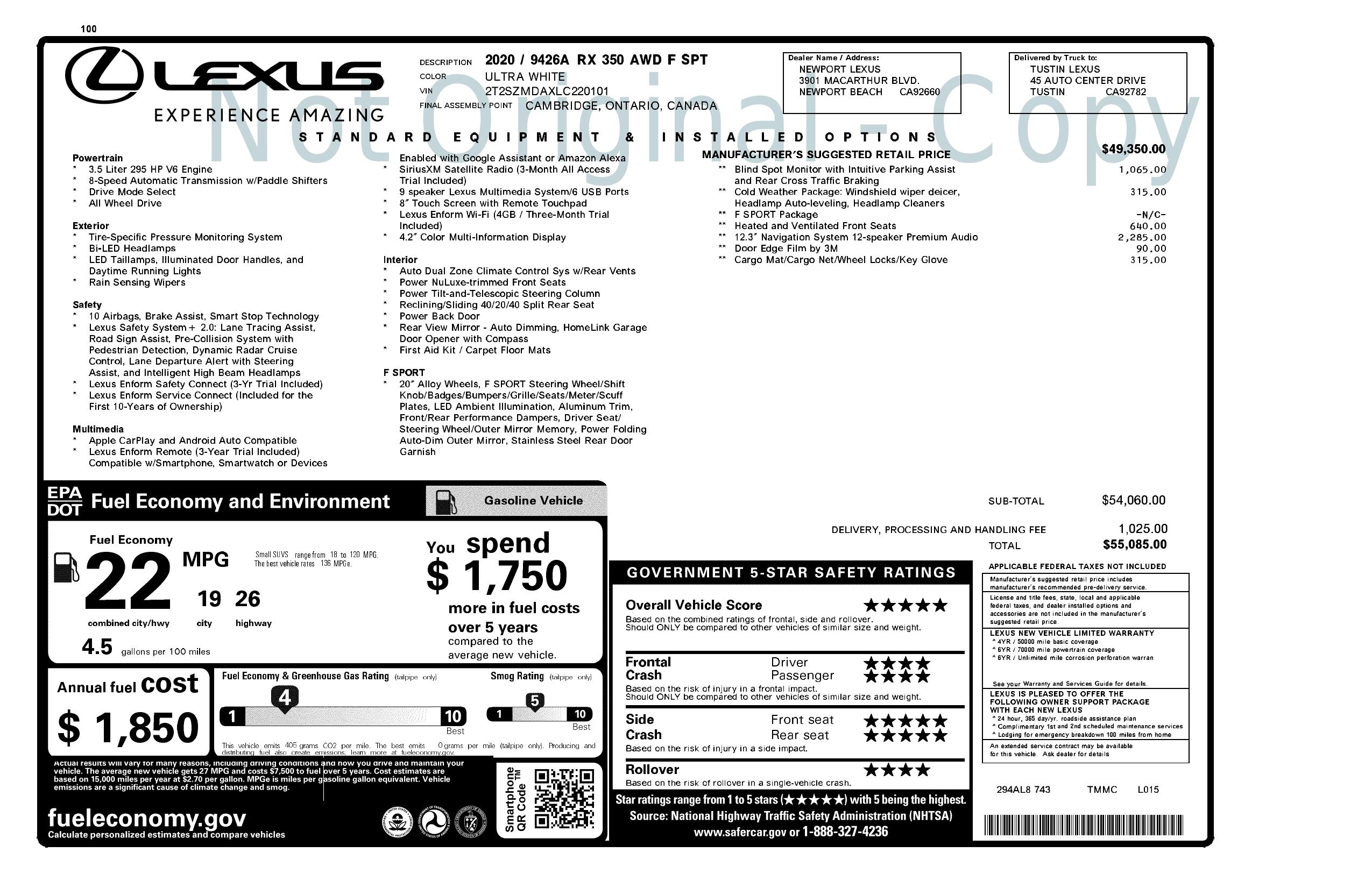 Window Sticker for 2020 Lexus Rx Rx 350 F Sport Awd