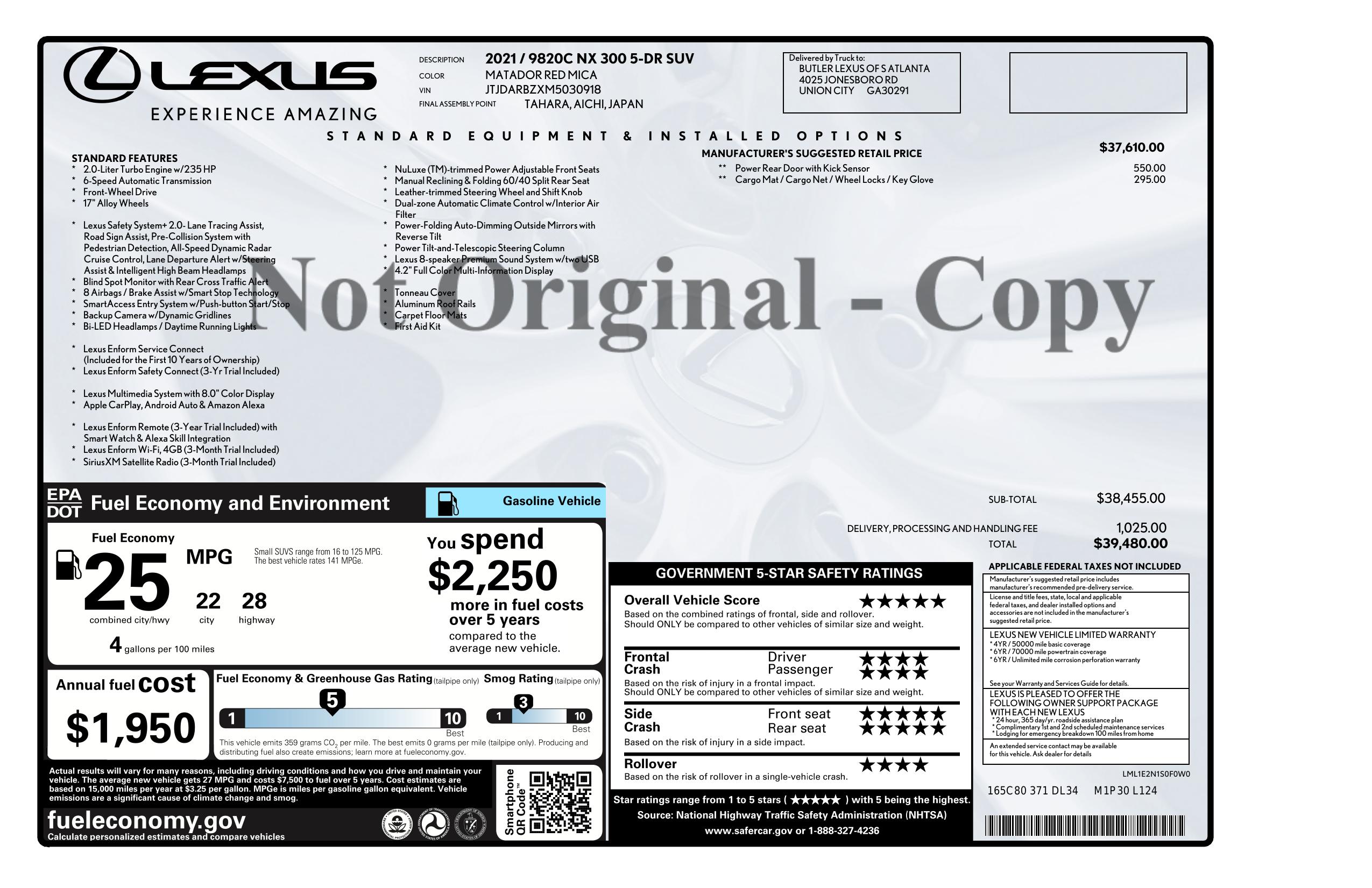 Window Sticker for 2021 Lexus Nx Nx 300 Fwd