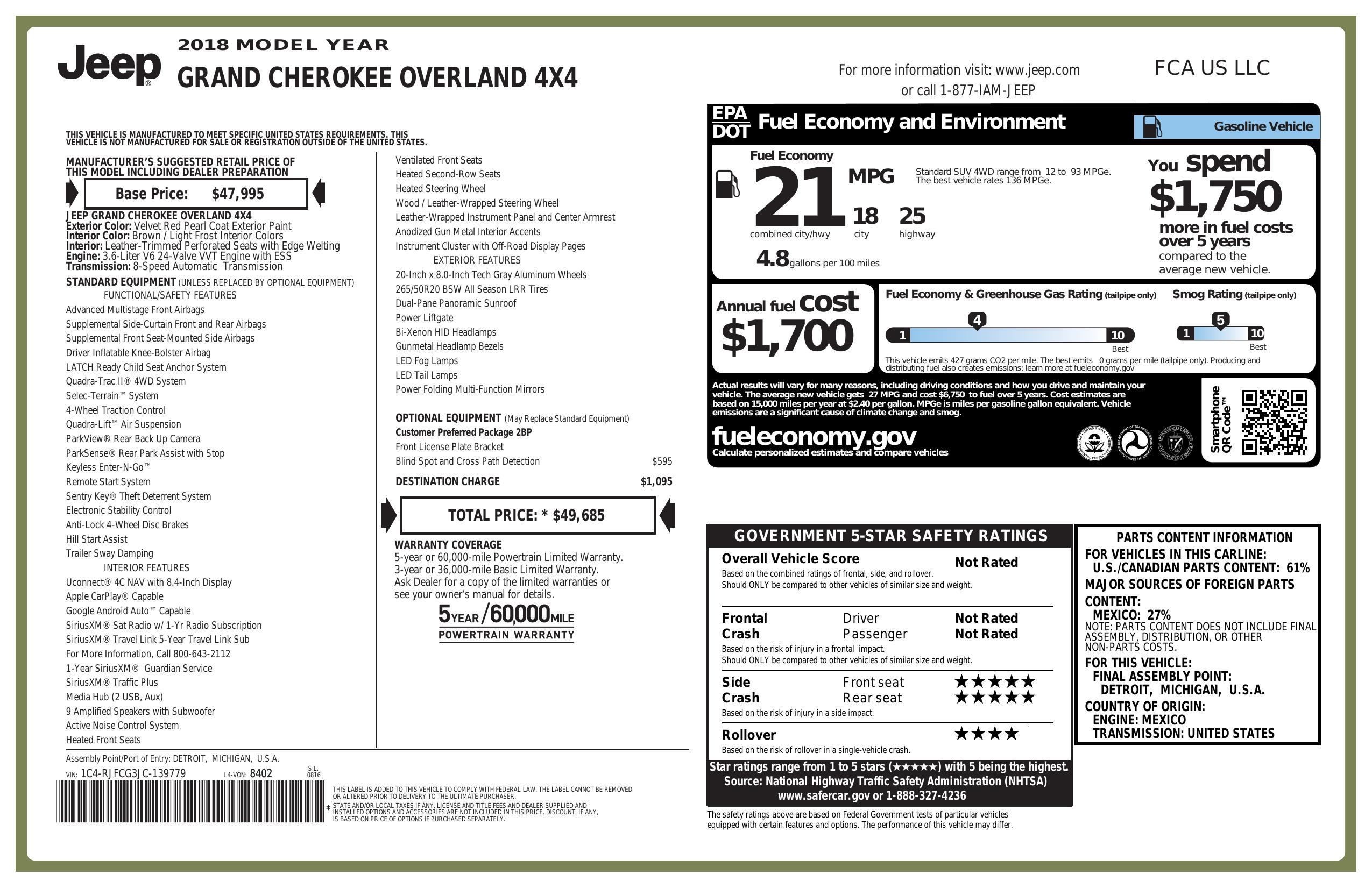 Window Sticker for 2018 Jeep Grand Cherokee Overland 4x4