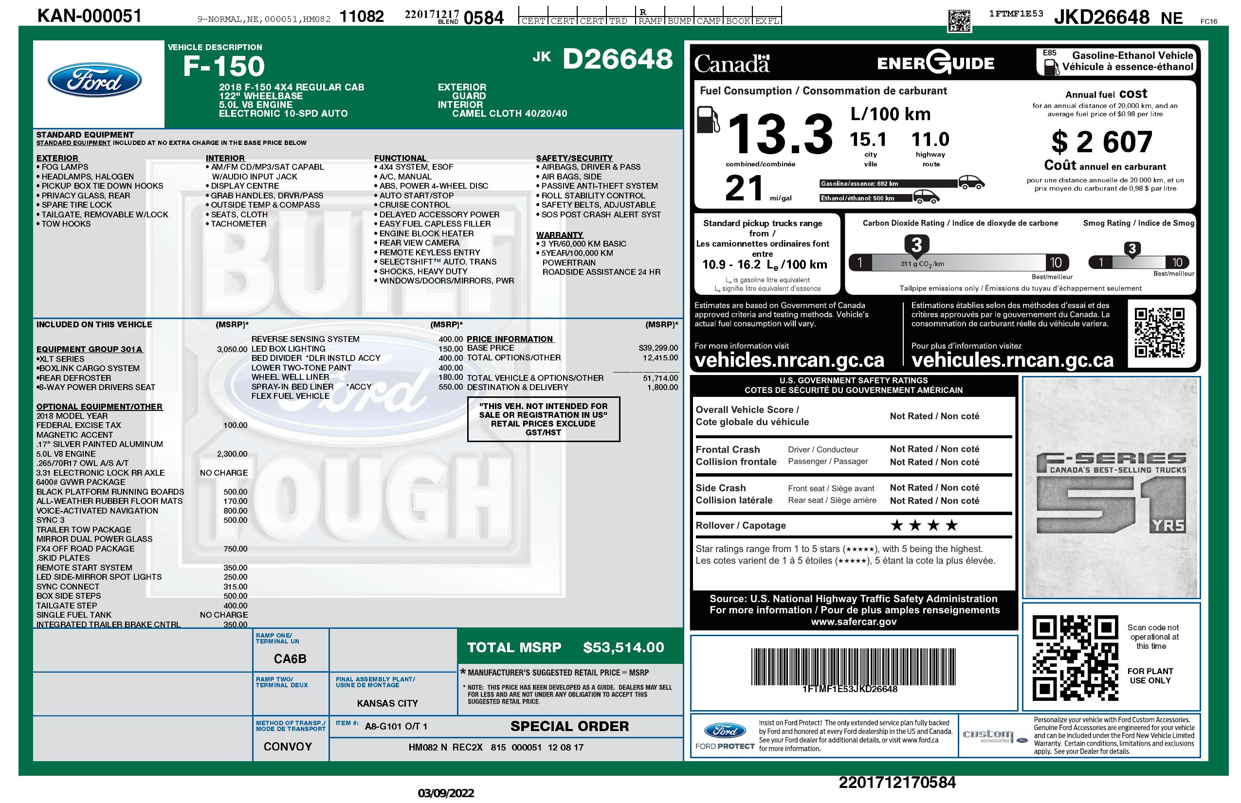 Window Sticker for 2018 Ford F 150 4 Wd Reg Cab Box