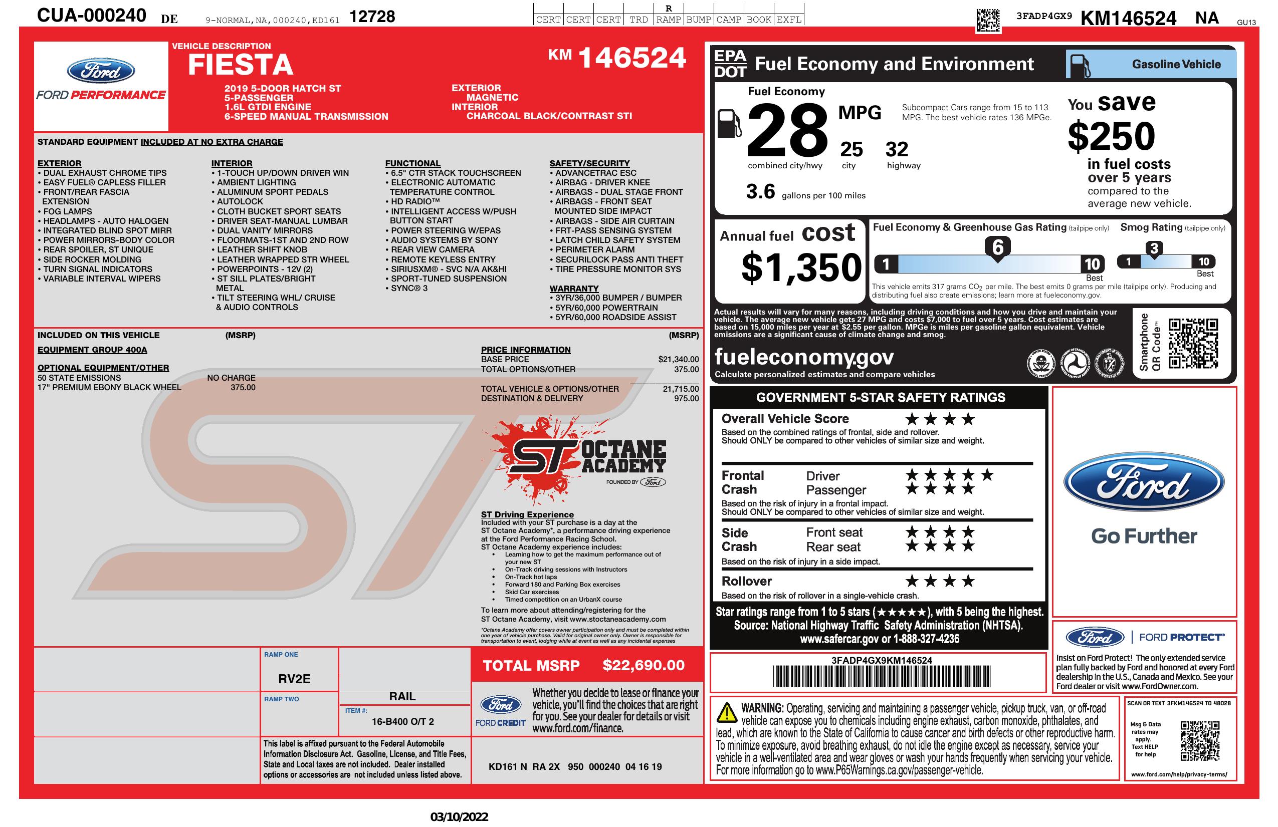 Window Sticker for 2019 Ford Fiesta St Hatch