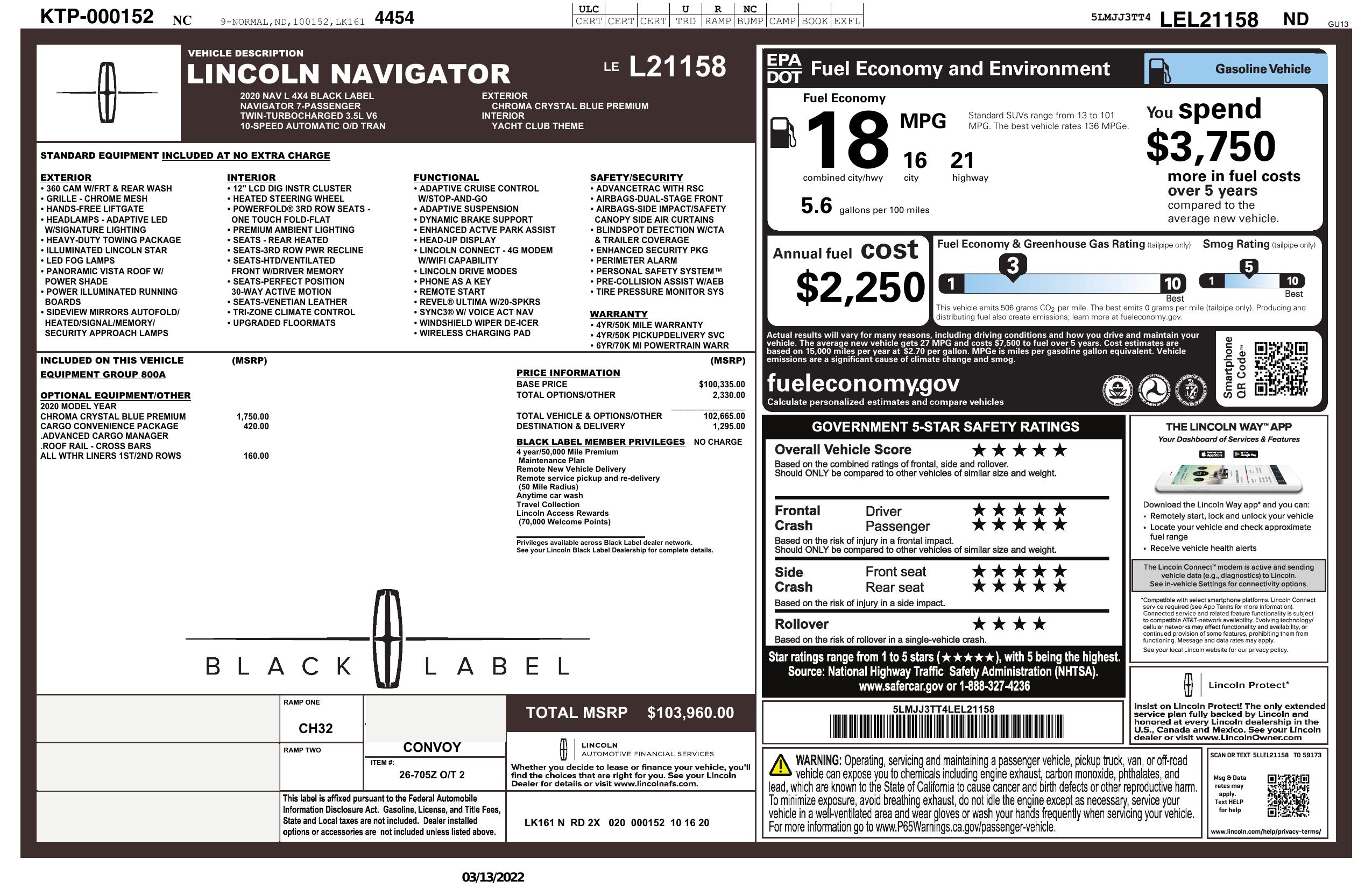 Window Sticker for 2020 Lincoln Navigator L Black Label 4x4