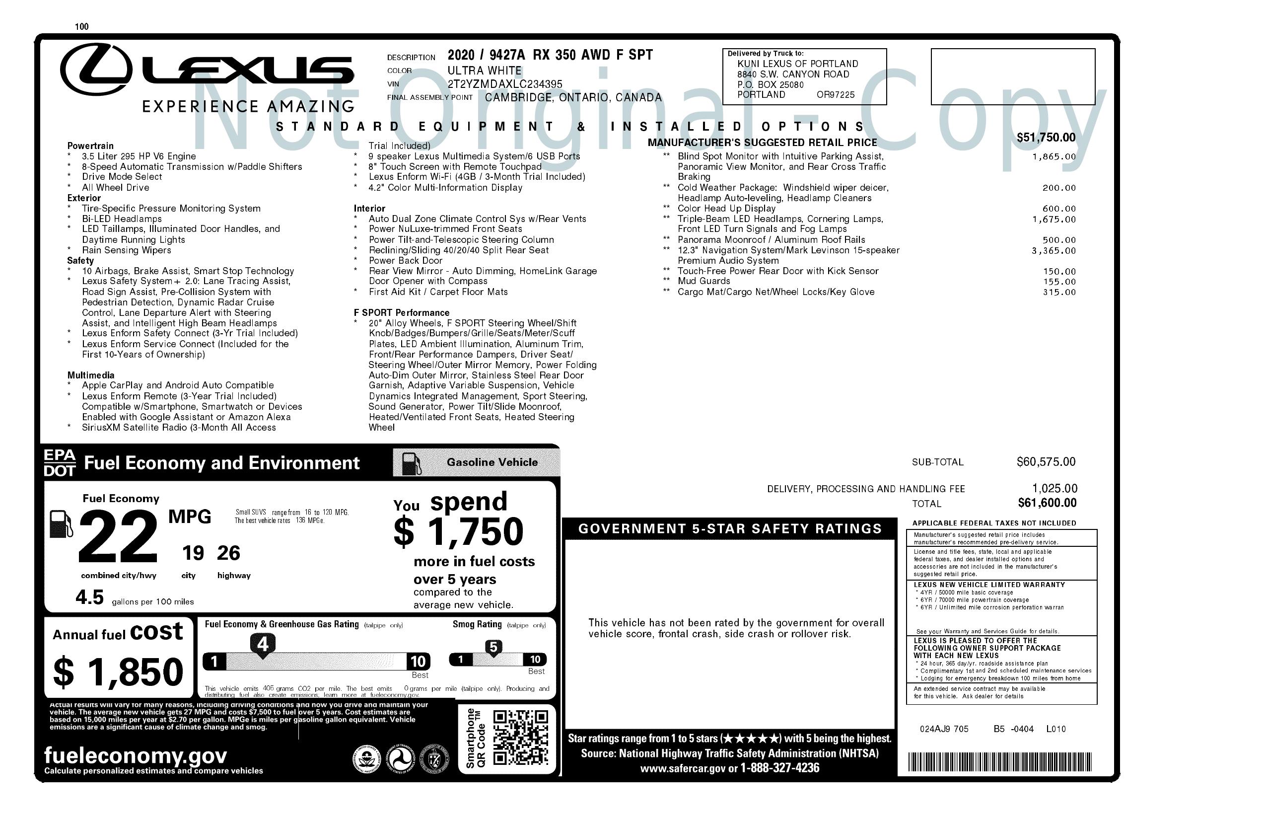 Window Sticker for 2020 Lexus Rx Rx 350 F Sport Performance Awd