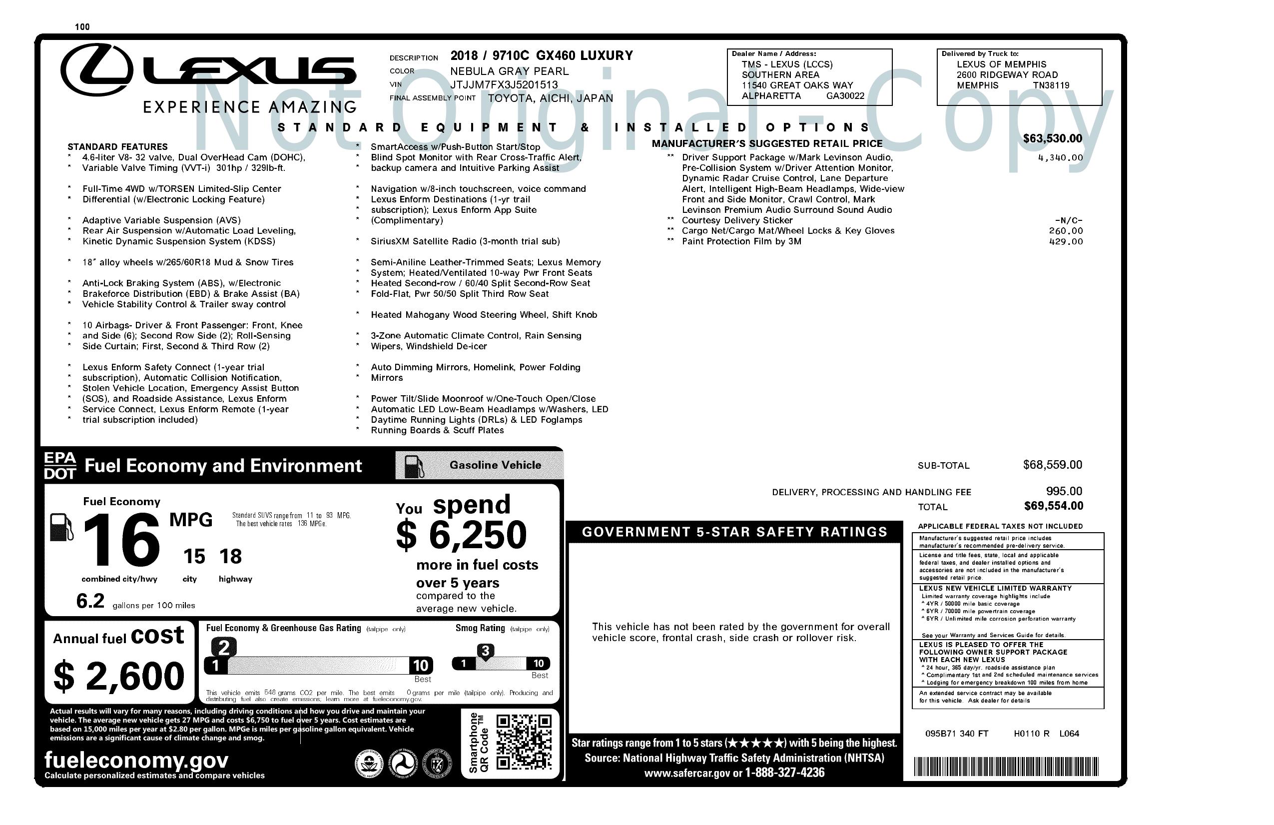 Window Sticker for 2018 Lexus Gx Gx 460 Luxury 4 Wd