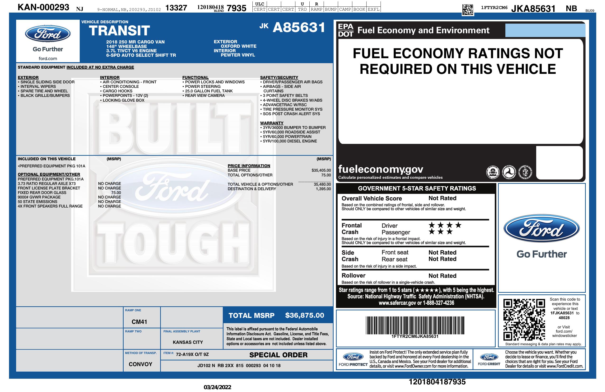 Window Sticker for 2018 Ford Transit Van T 250 148" Med Rf 9000 Gvwr ...