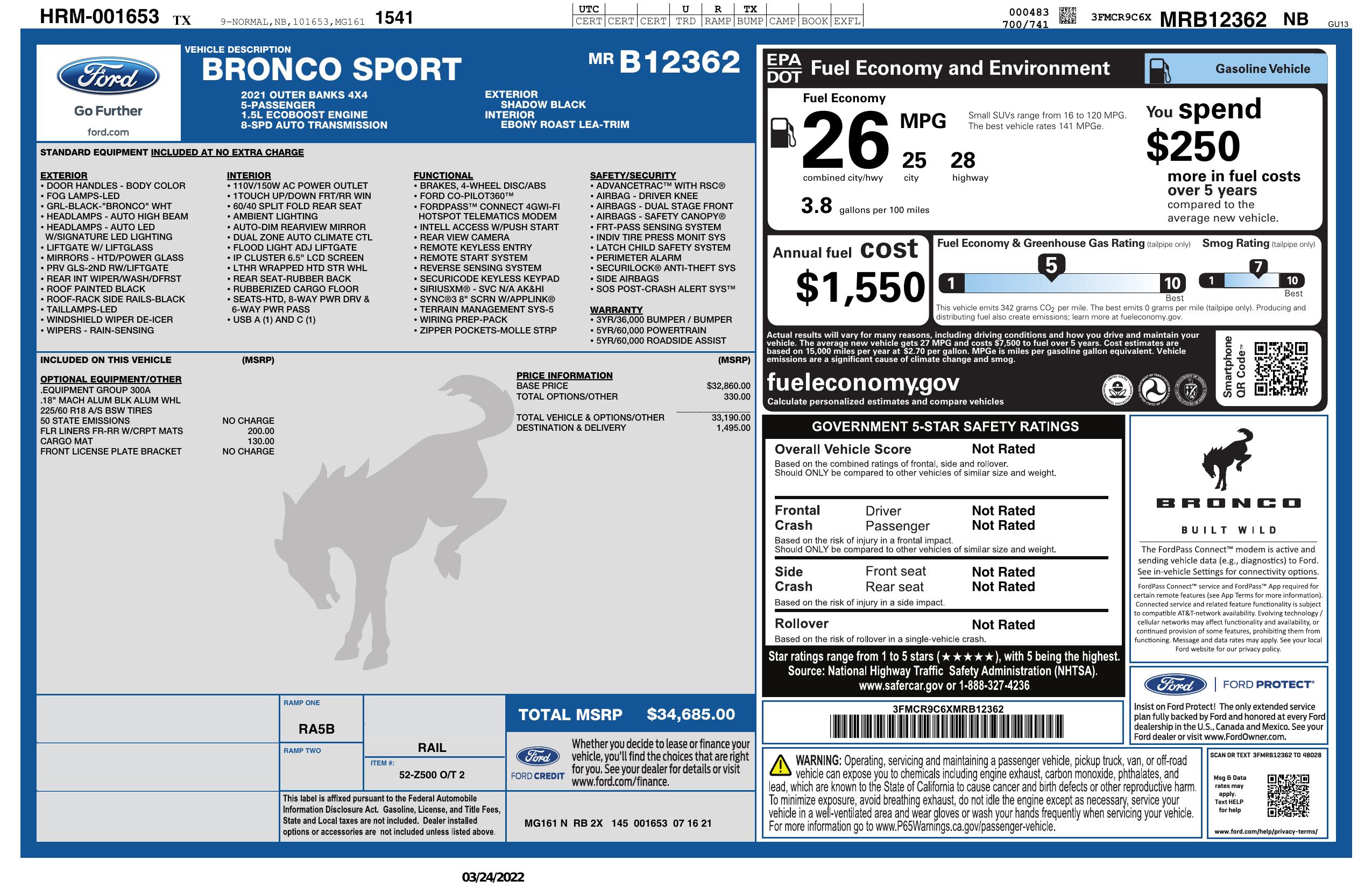 Window Sticker for 2021 Ford Bronco Sport Outer Banks 4x4