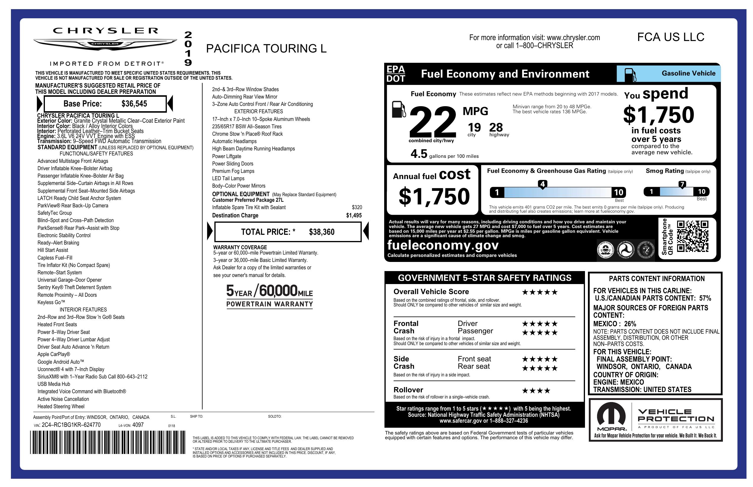 Window Sticker for 2019 Chrysler Pacifica Touring L Fwd