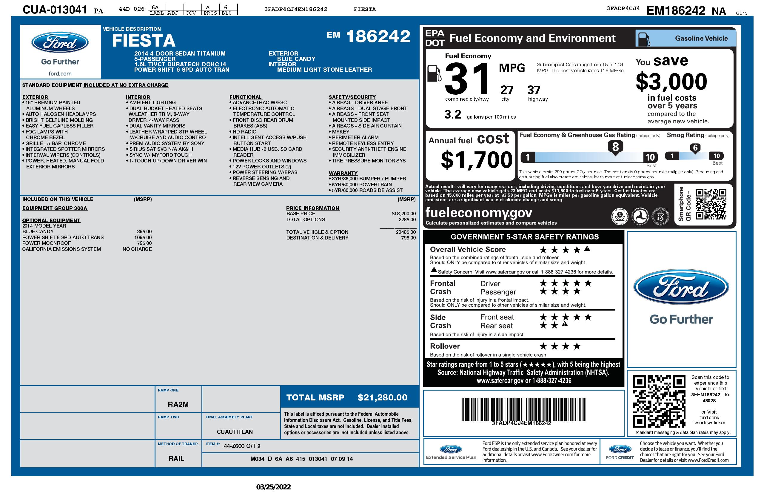 Window Sticker for 2014 Ford Fiesta 4dr Sdn Titanium