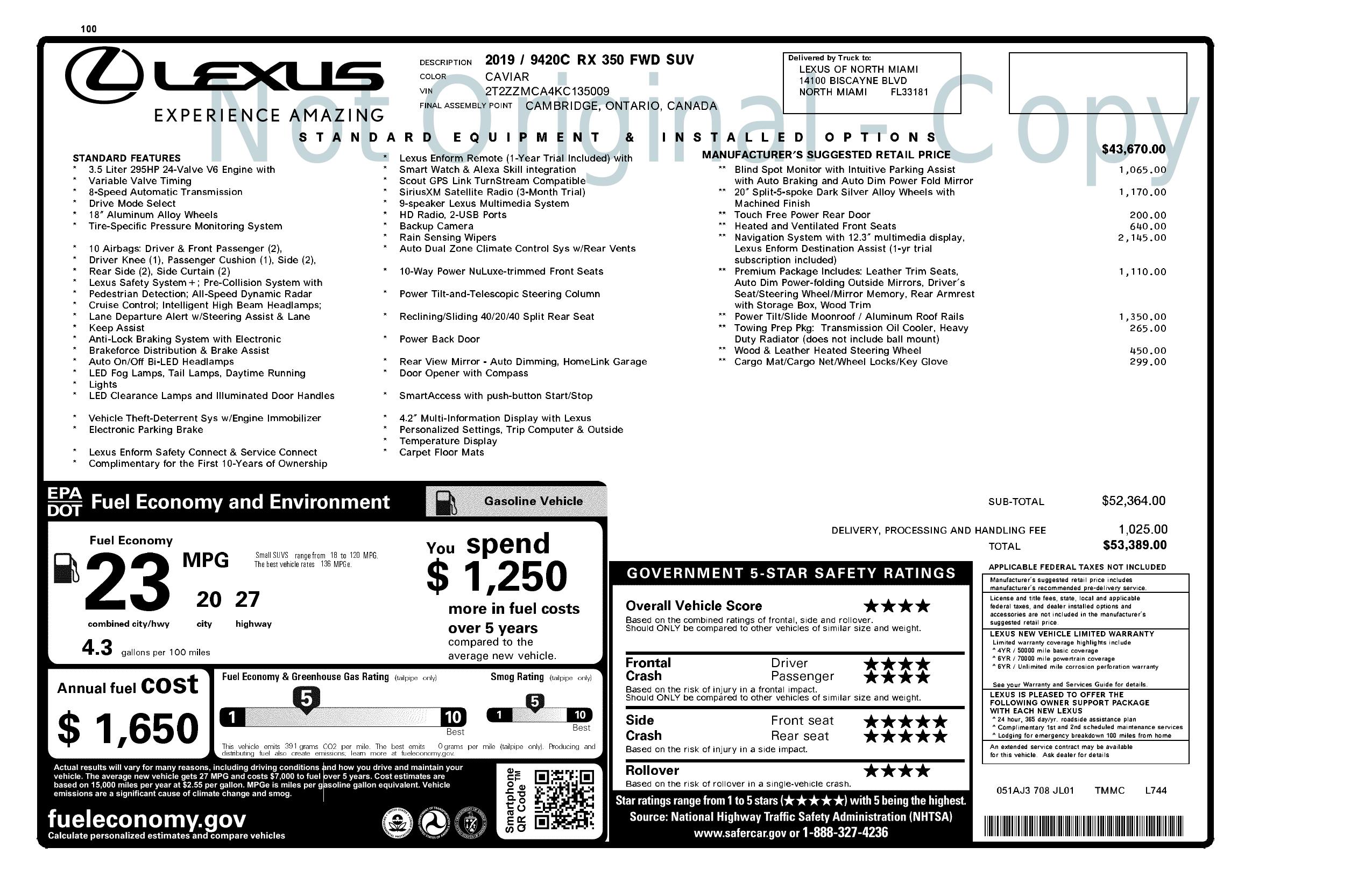 Window Sticker for 2019 Lexus Rx Rx 350 Fwd