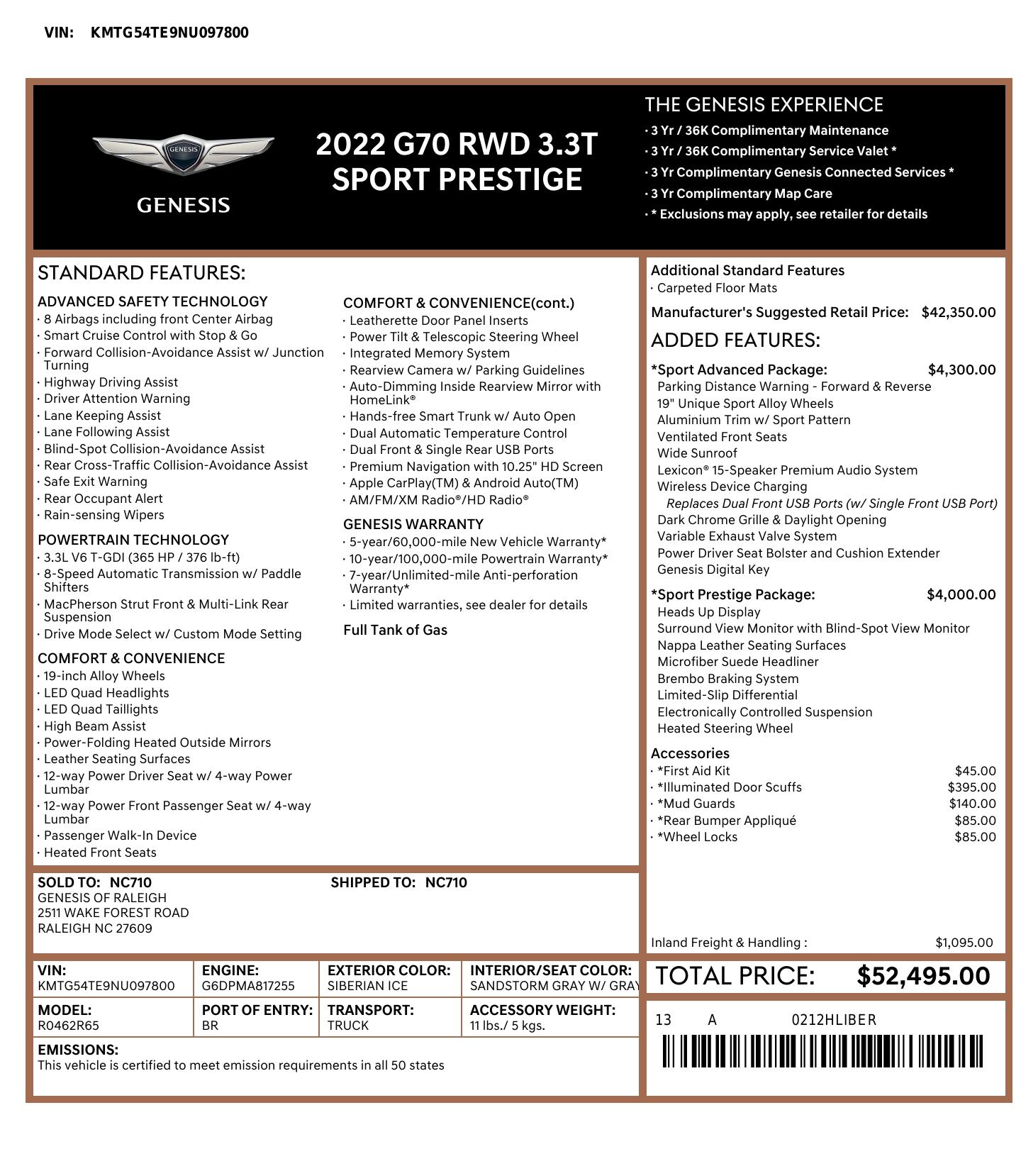 Window Sticker for 2022 Genesis G70 3.3 T Rwd