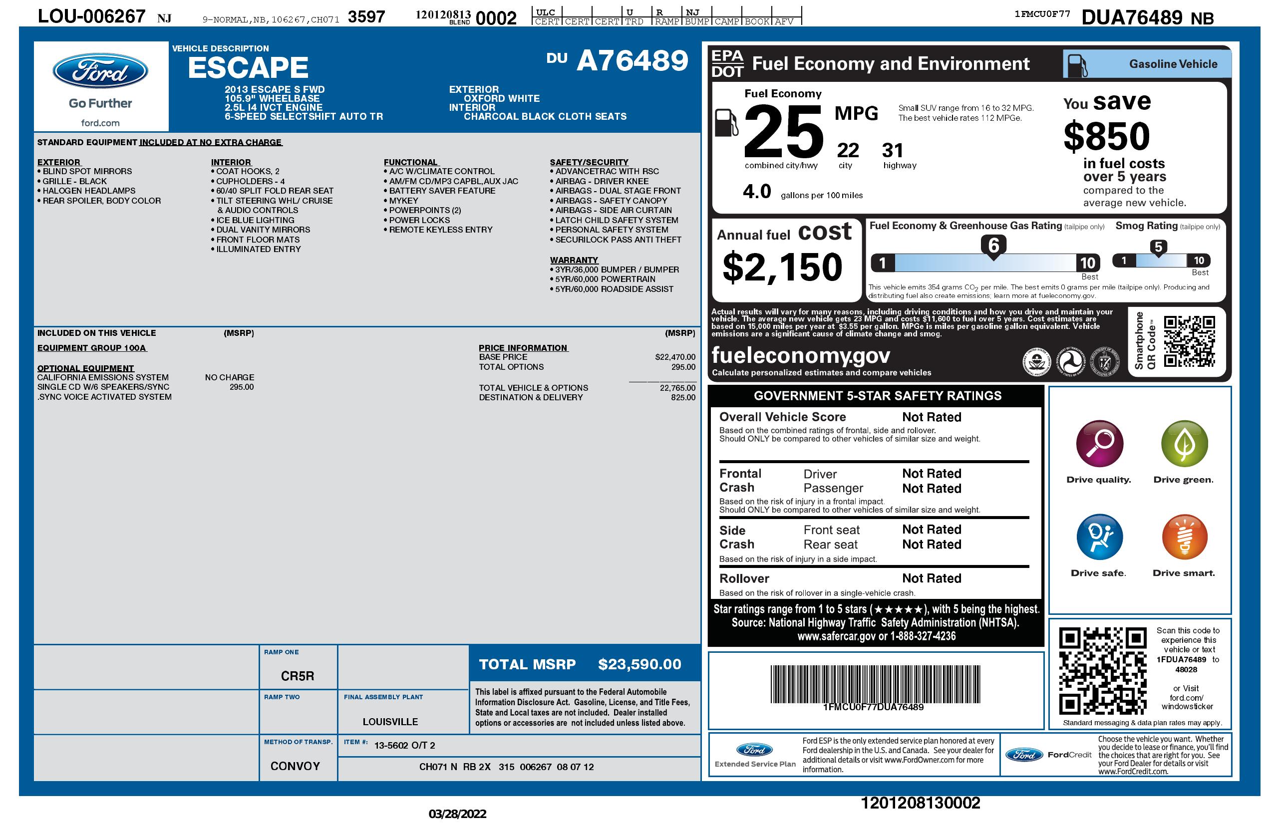 Window Sticker for 2013 Ford Escape Fwd 4dr S