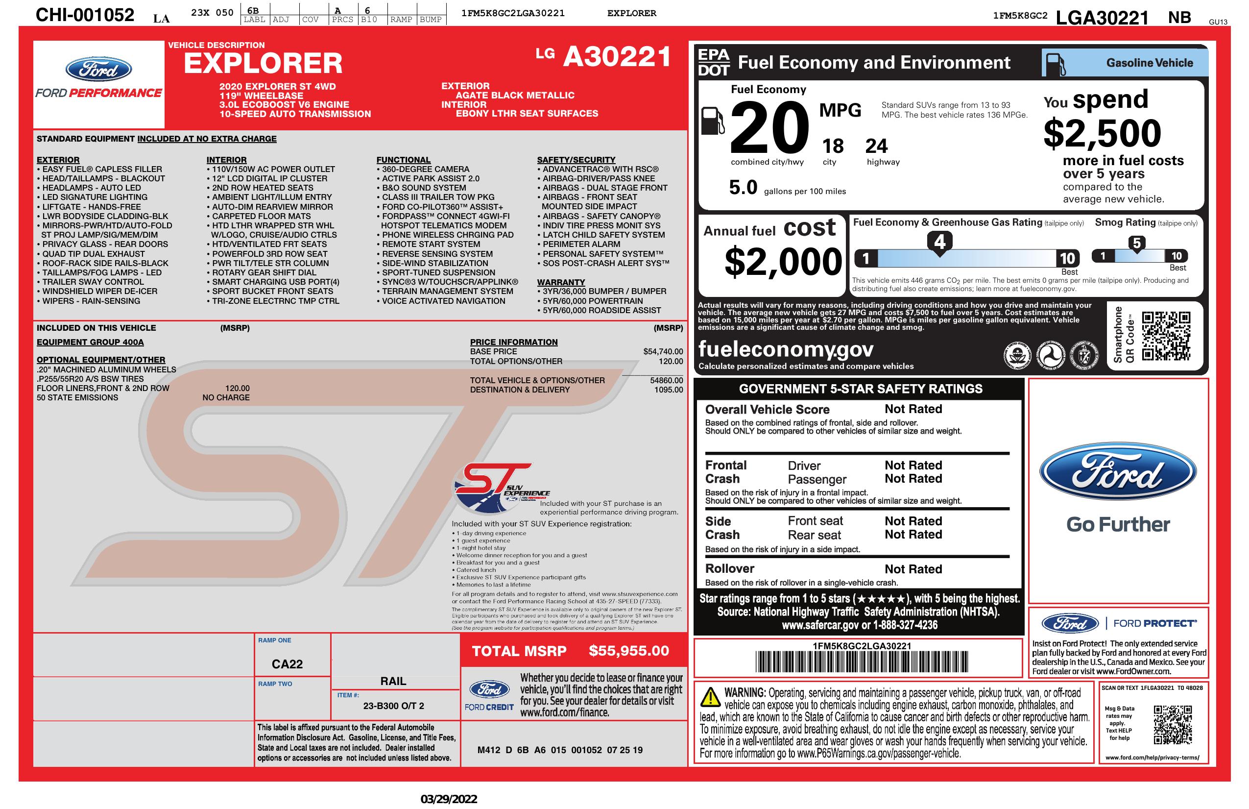 Window Sticker for 2020 Ford Explorer St 4 Wd