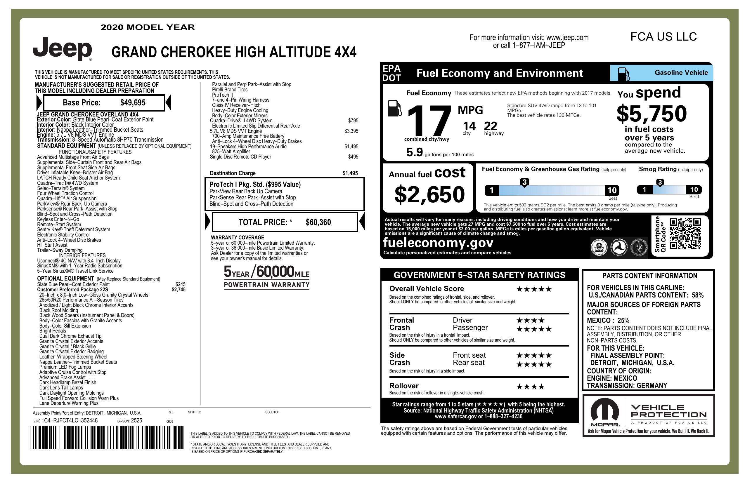 Window Sticker for 2020 Jeep Grand Cherokee High Altitude 4x4