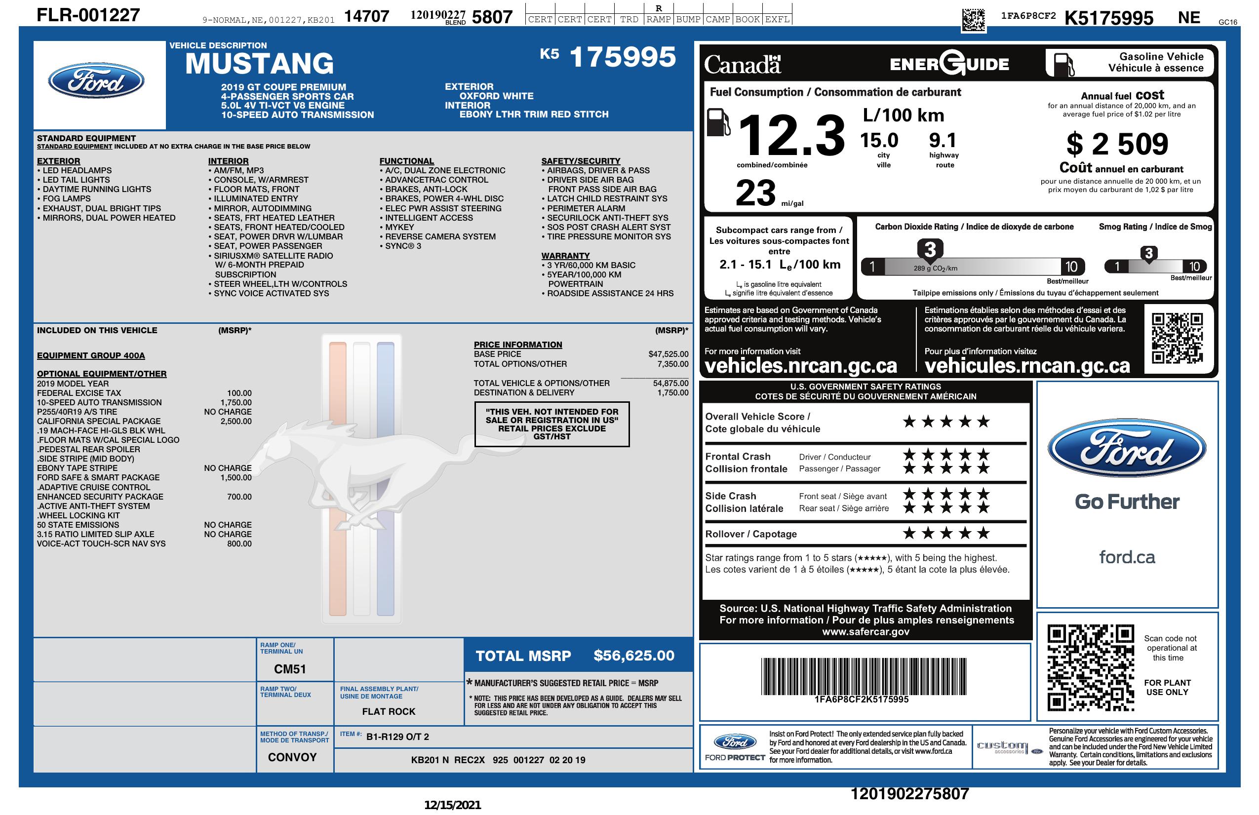 Window Sticker for 2019 Ford Mustang Gt Fastback