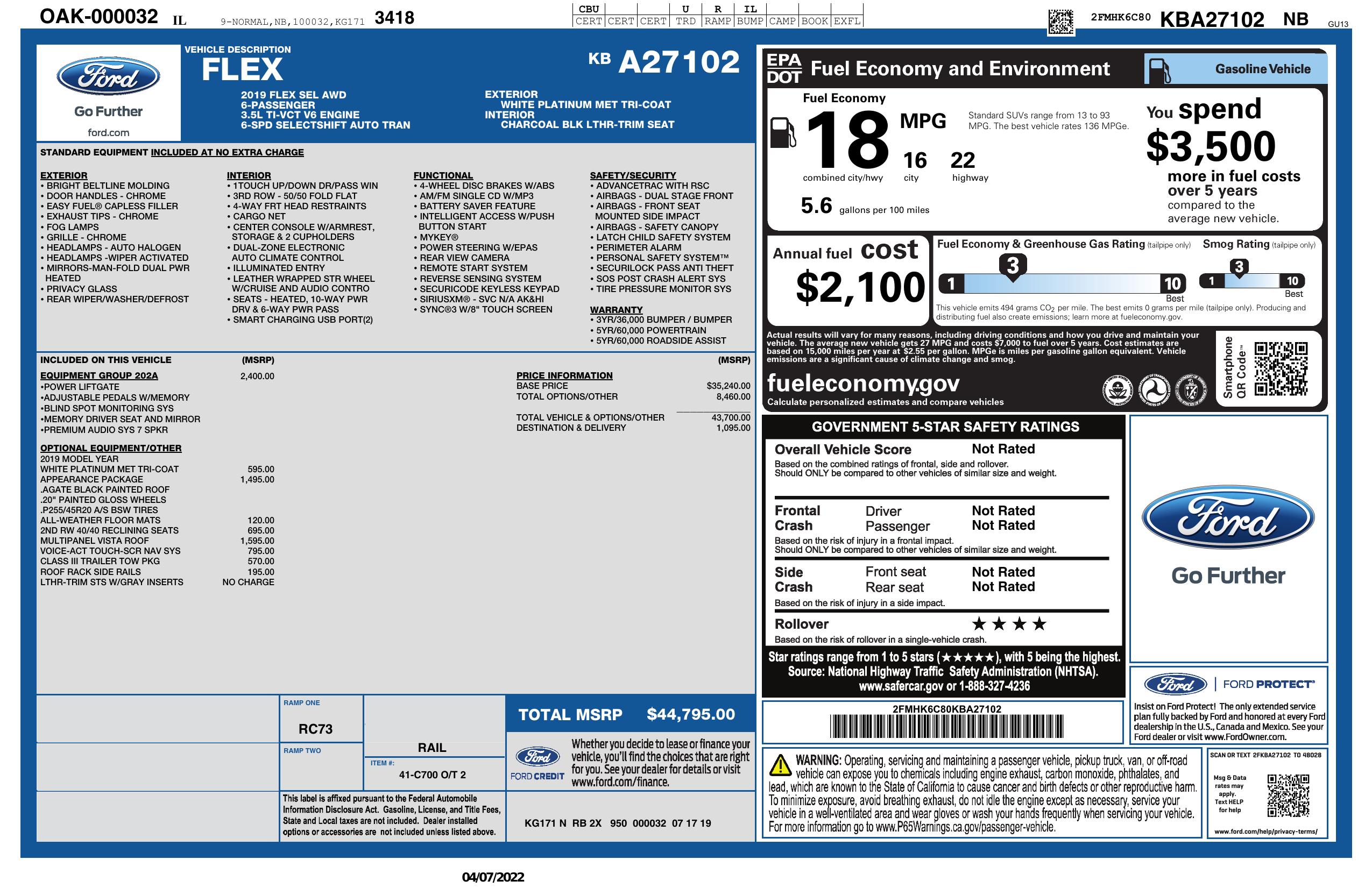 Window Sticker for 2019 Ford Flex Sel Awd