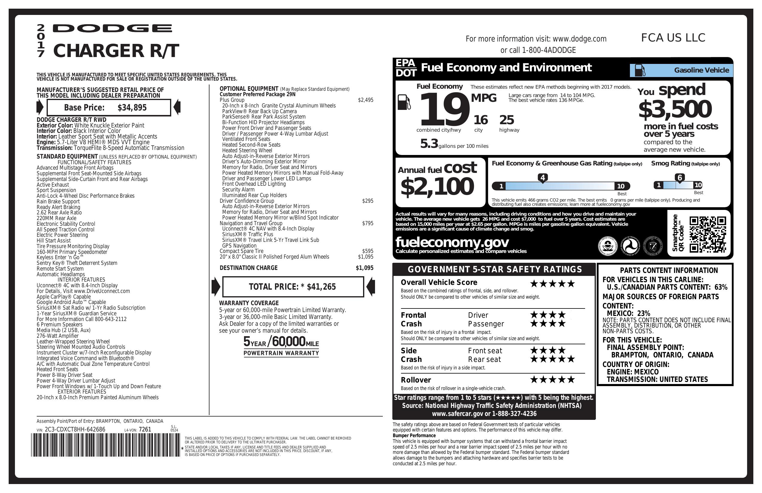 Window Sticker for 2017 Dodge Charger R/T Rwd