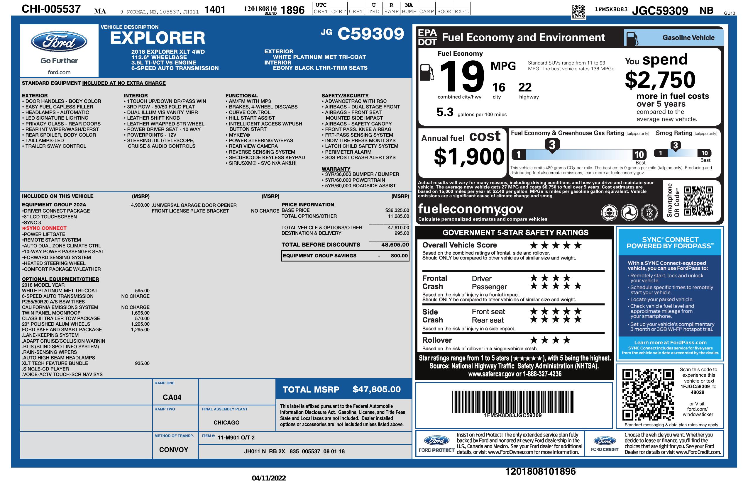 Window Sticker for 2018 Ford Explorer Xlt 4 Wd