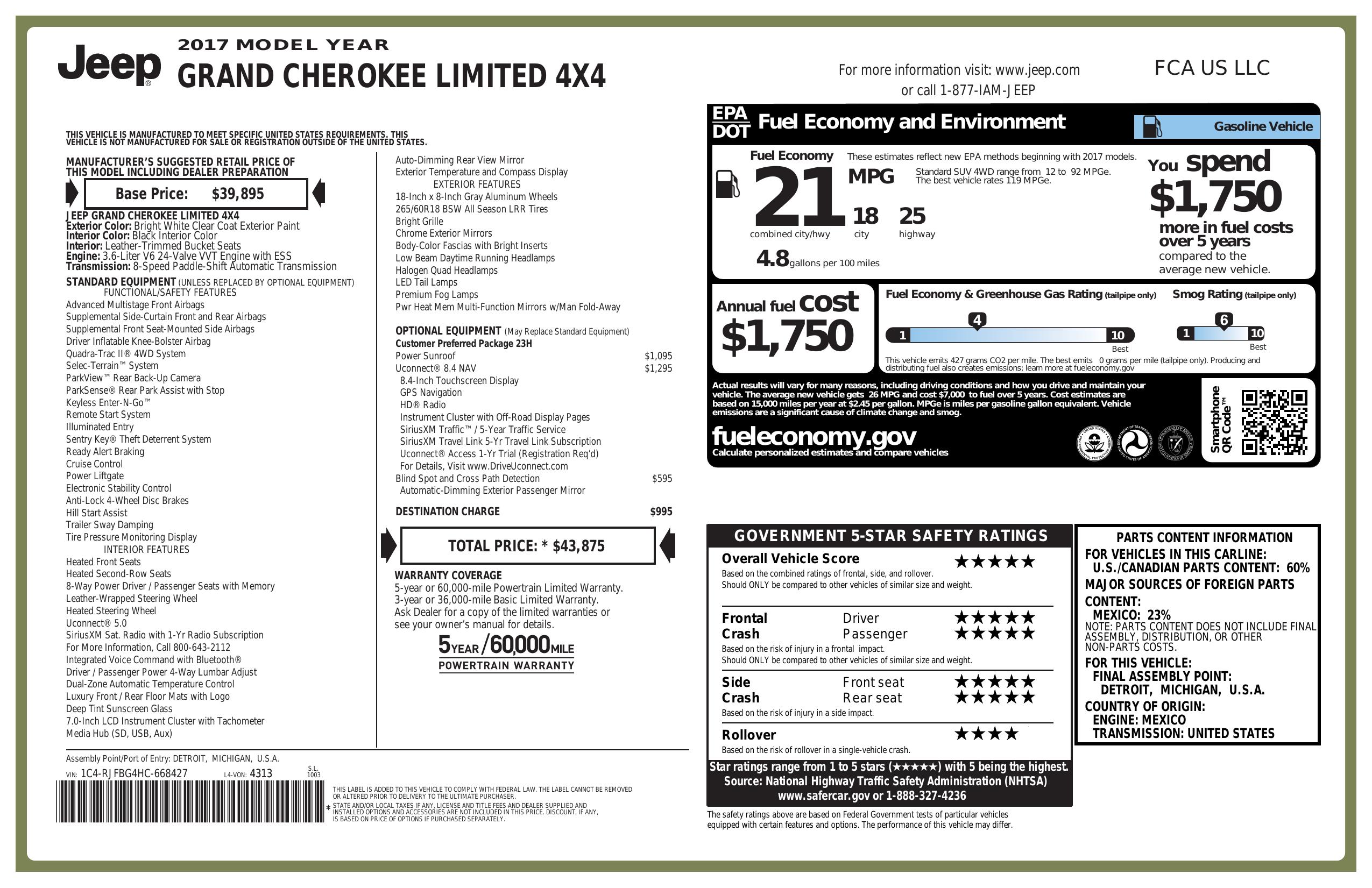 Window Sticker for 2017 Jeep Grand Cherokee Limited 4x4
