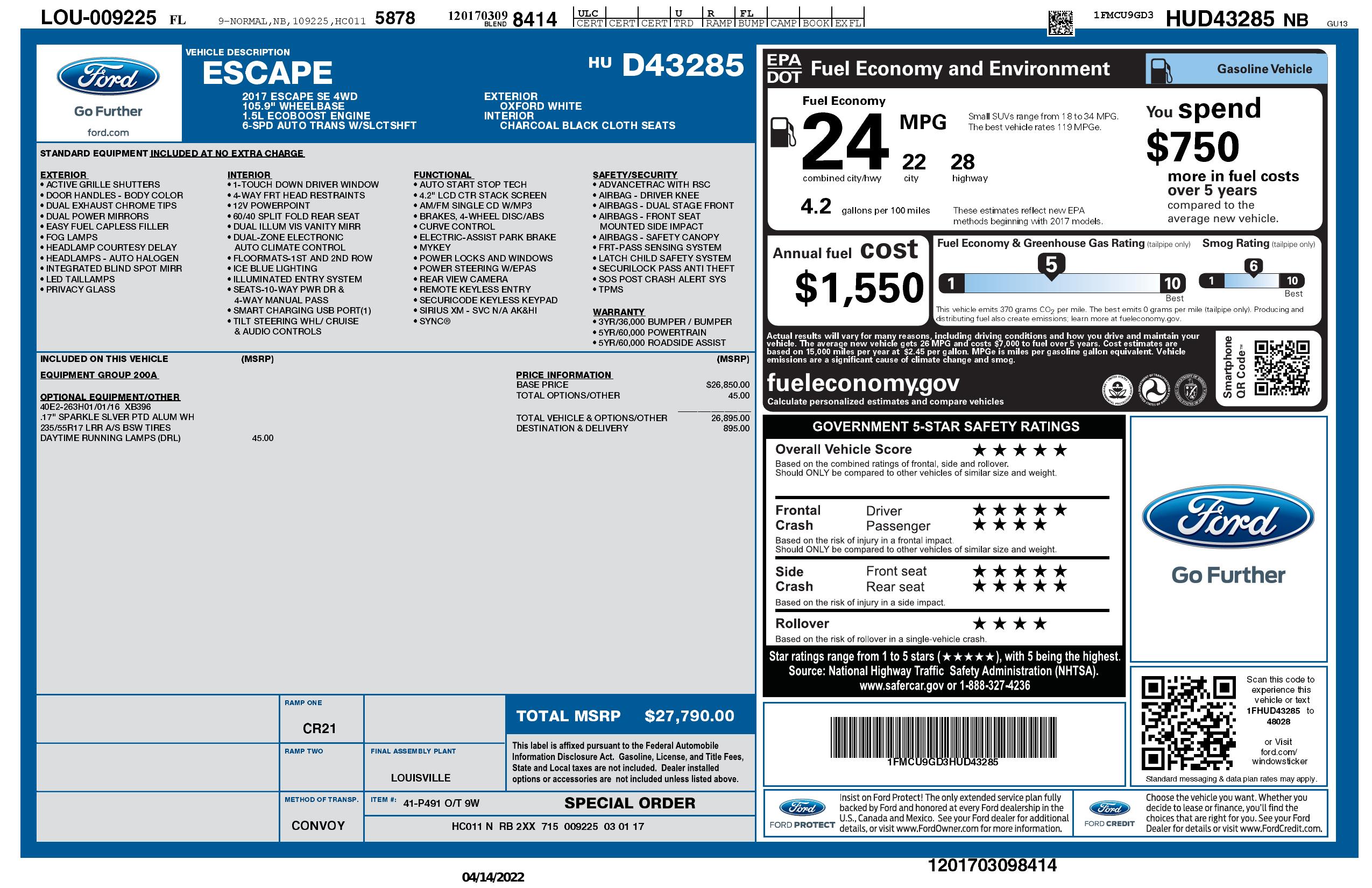 Window Sticker for 2017 Ford Escape Se 4 Wd