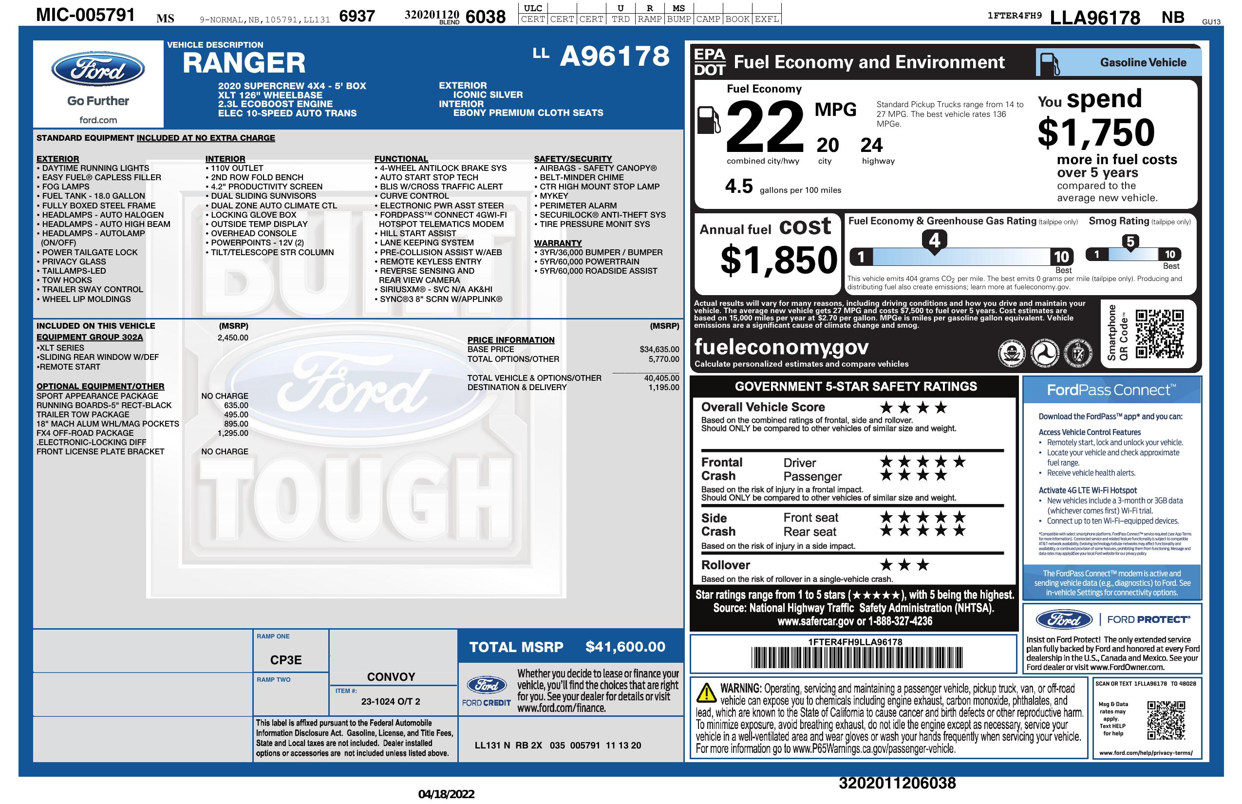 Window Sticker for 2020 Ford Ranger 4 Wd Super Crew 5' Box