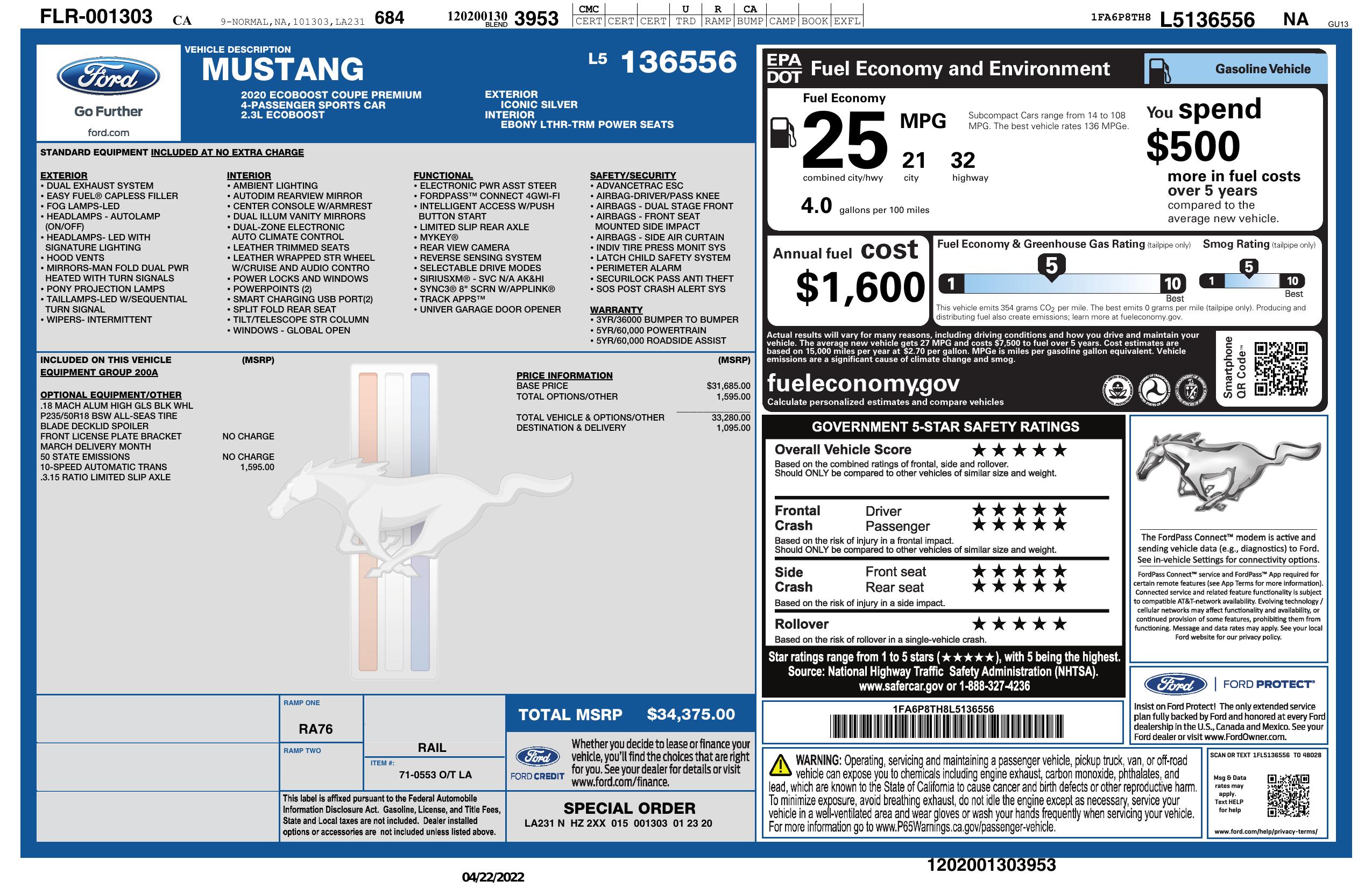 Window Sticker for 2020 Ford Mustang Eco Boost Fastback