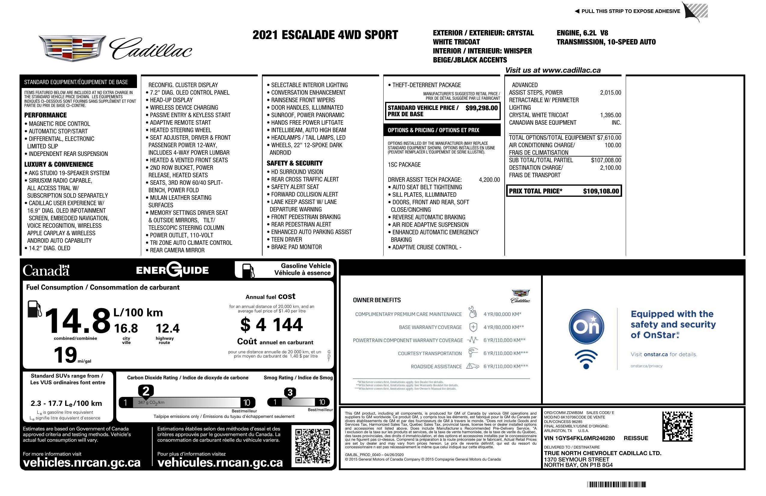 Window Sticker for 2021 Cadillac Escalade 4 Wd 4dr Sport