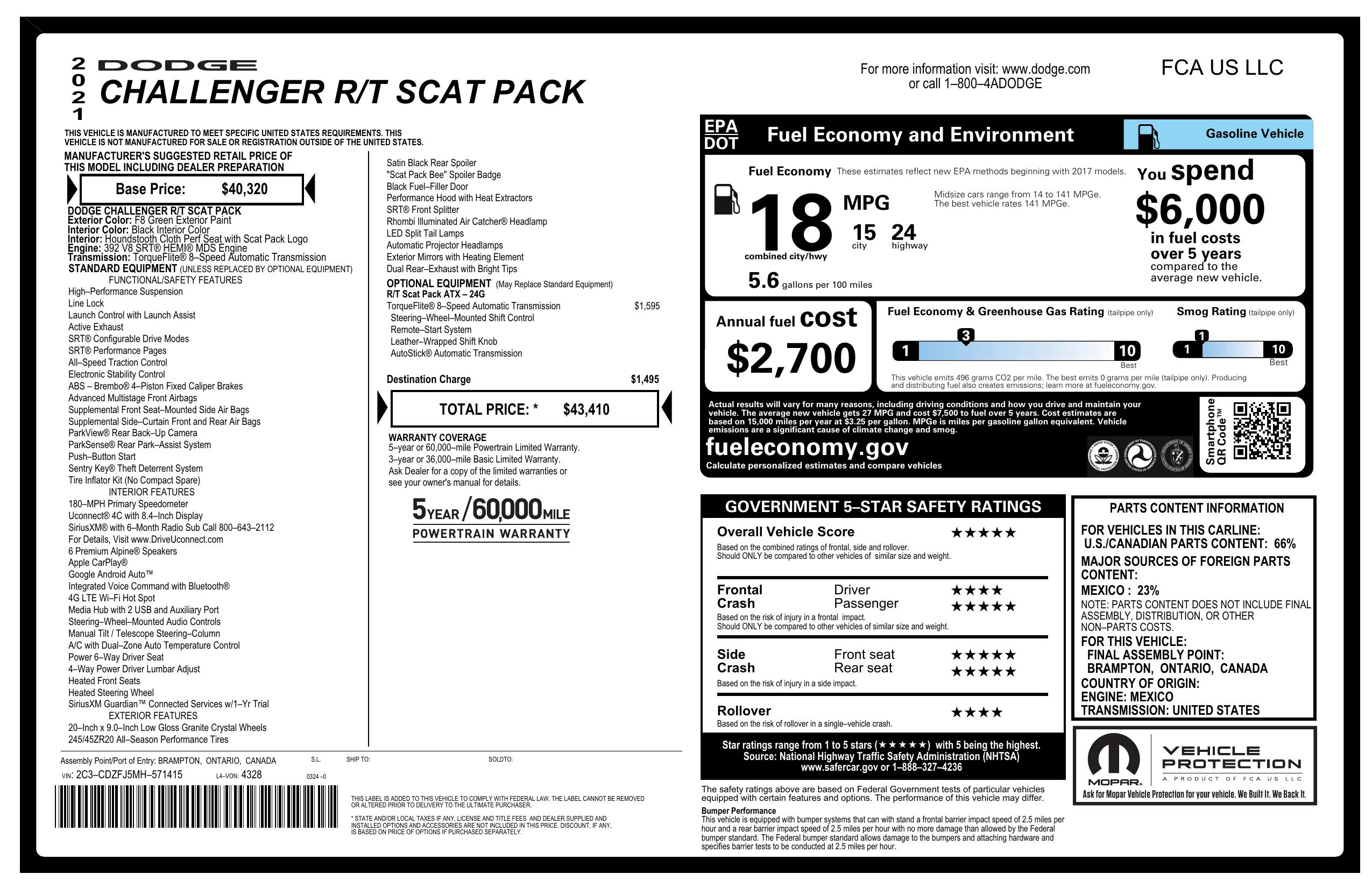 Window Sticker for 2021 Dodge Challenger R/T Scat Pack Rwd