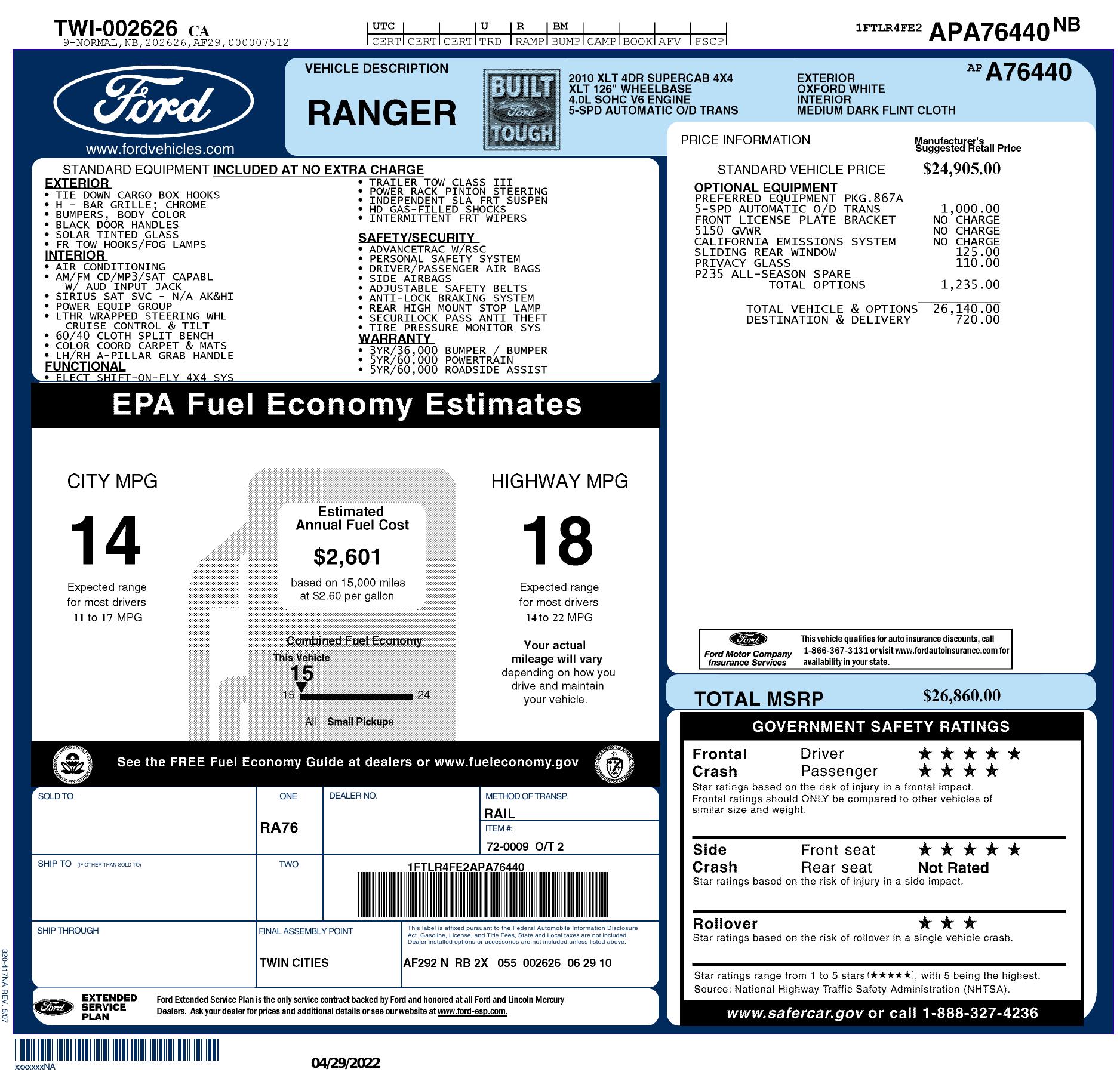 Window Sticker for 2010 Ford Ranger 4 Wd 4dr Super Cab 126"