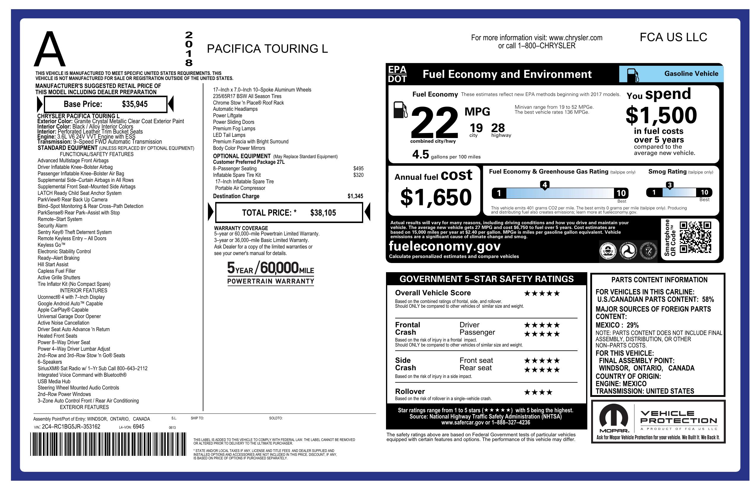 Window Sticker for 2018 Chrysler Pacifica Touring L Fwd