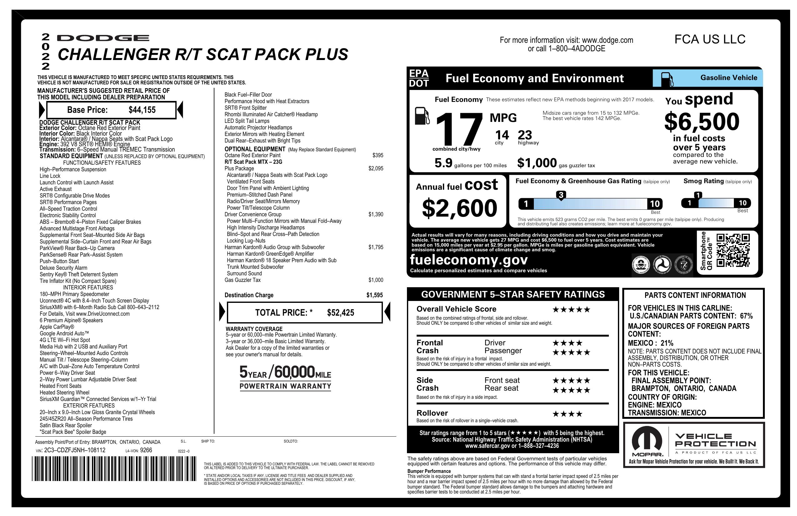 Window Sticker for 2022 Dodge Challenger R/T Scat Pack Rwd